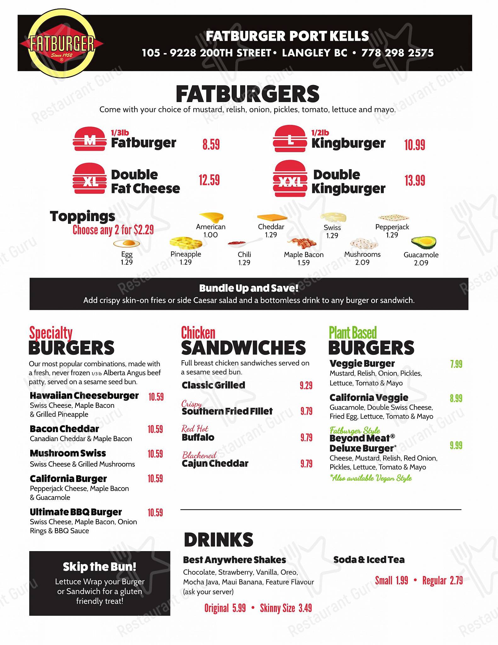 Menu at Fatburger Walnut Grove fast food, Langley Township, 200 St #105