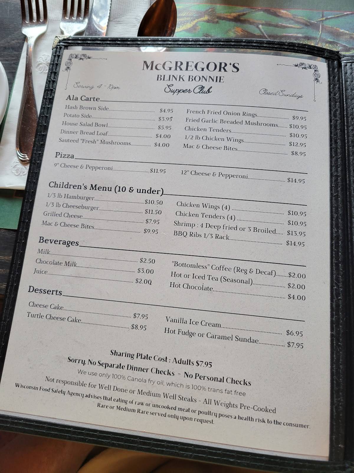 Menu at McGregor's Blink Bonnie Supper Club, USA
