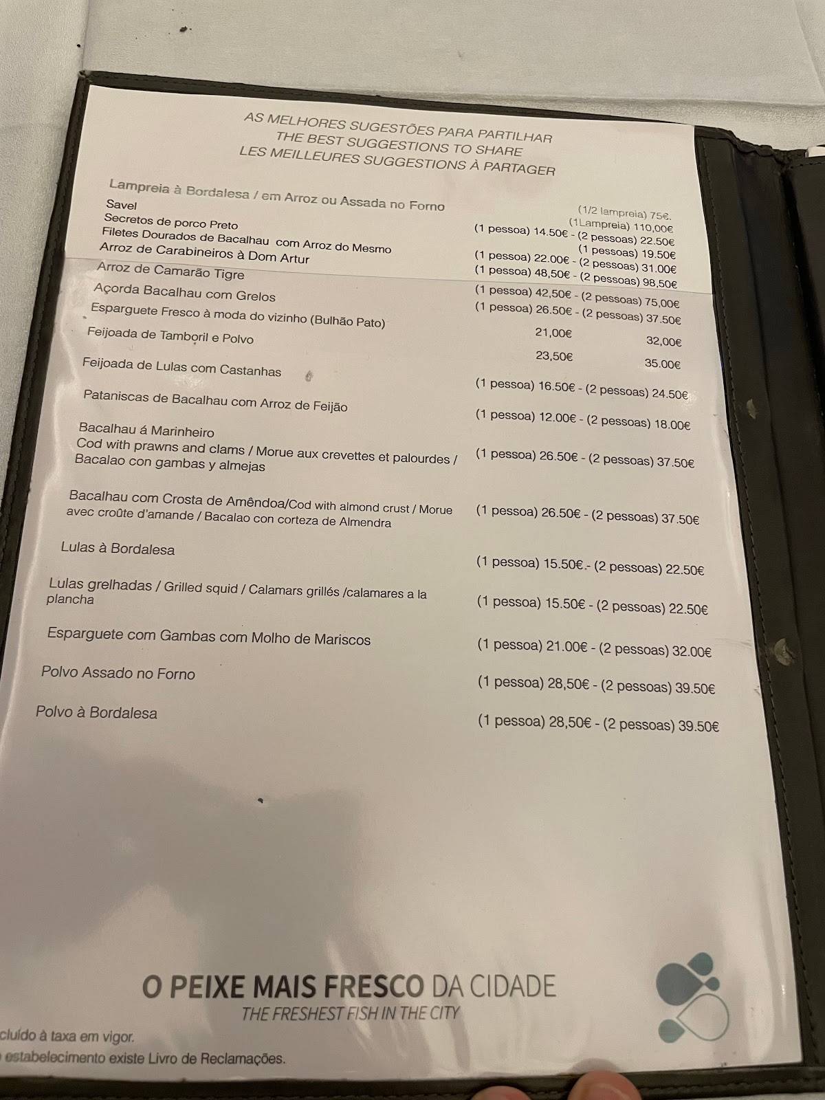 Menu at 5 Oceanos restaurant, Matosinhos