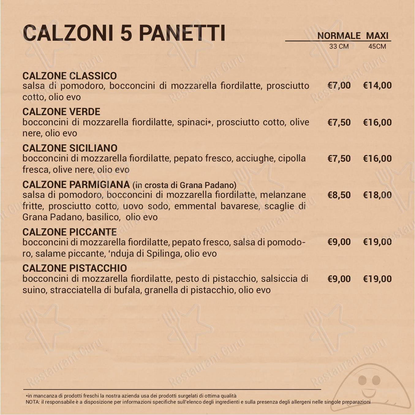 Speisekarte von 5 Panetti pizzeria da asporto, Catania
