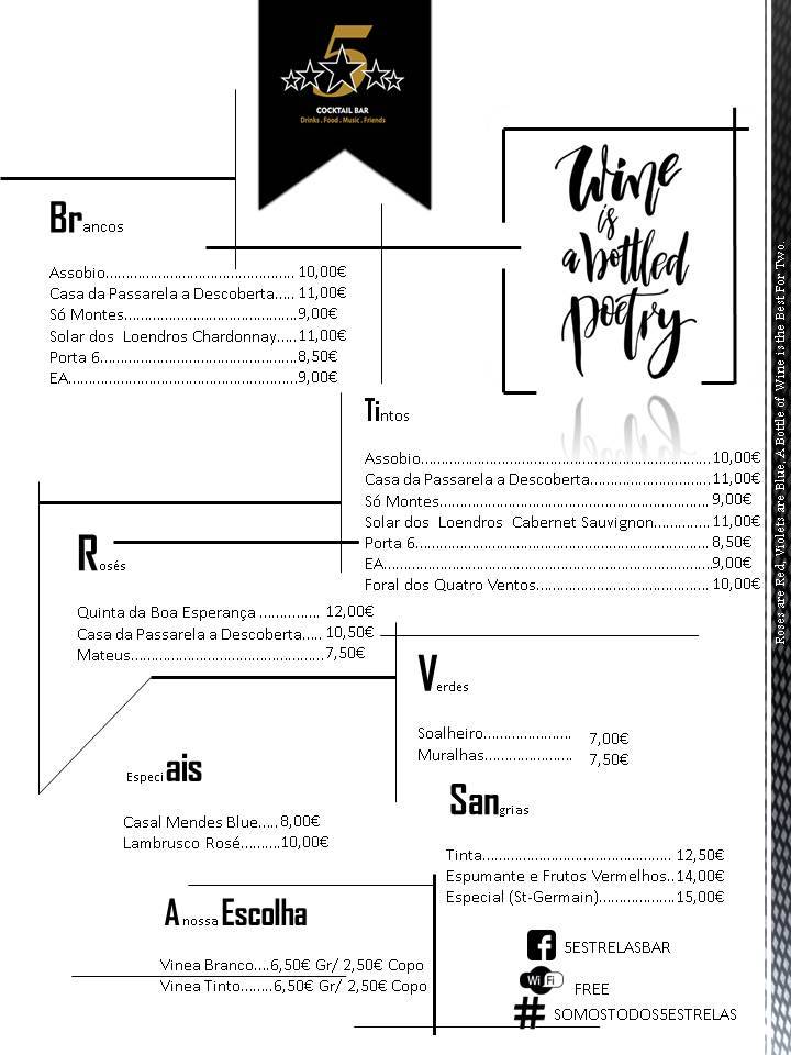 Menu em 5 Estrelas Bar, Montijo