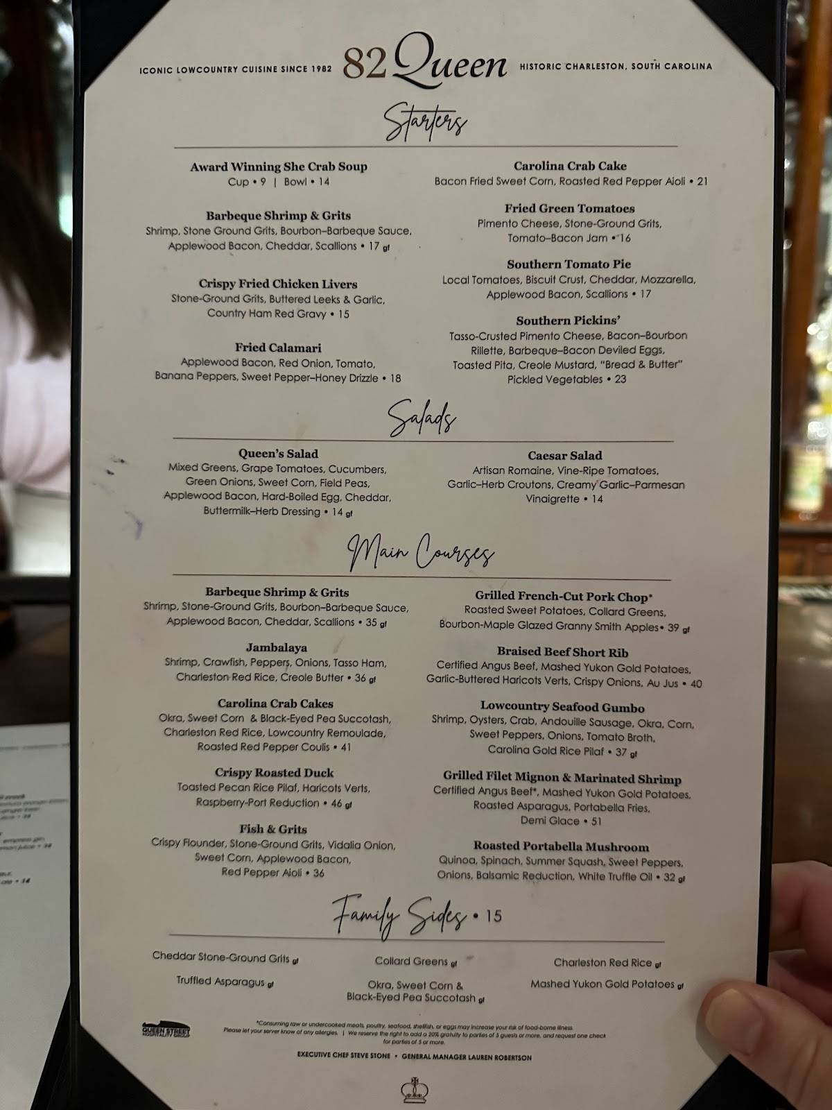 Menu at 82 Queen restaurant, Charleston