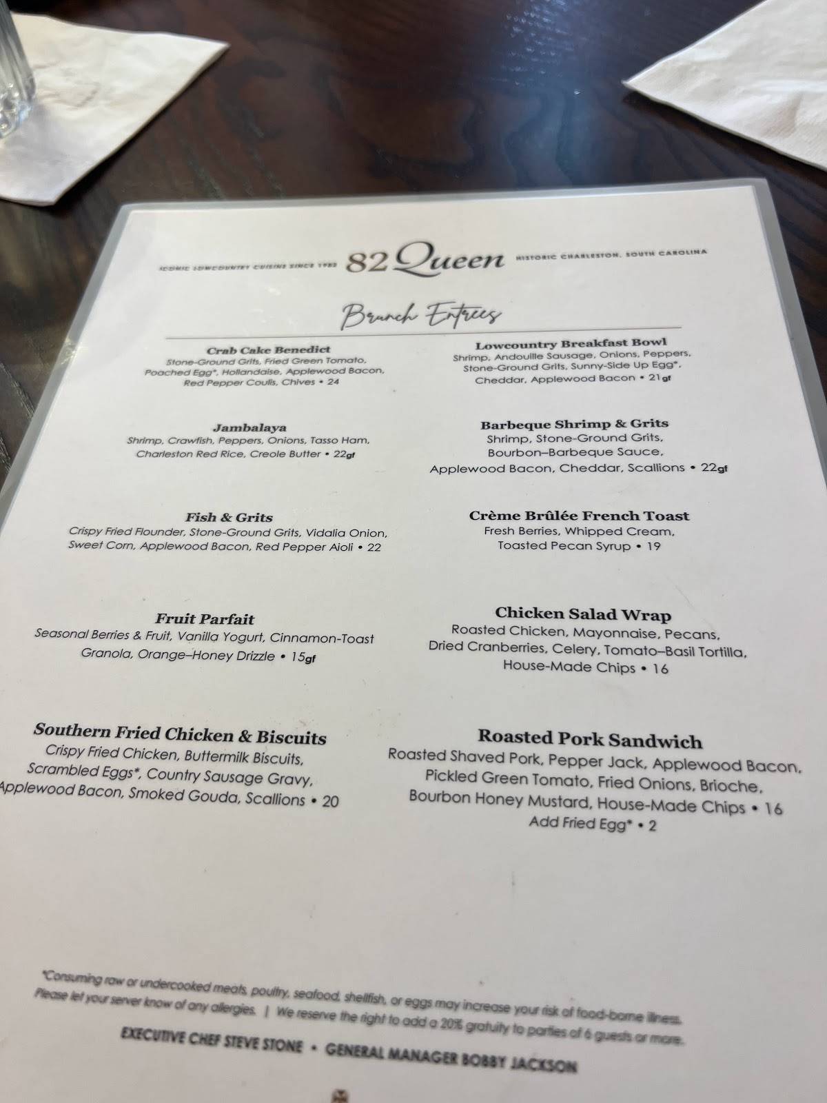 Menu at 82 Queen restaurant, Charleston