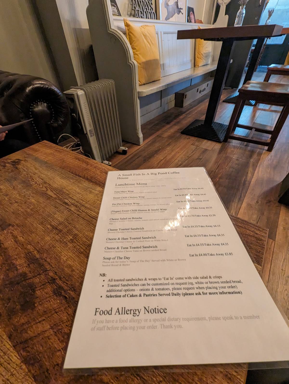 Menu at A Small Fish in a Big Pond Ltd cafe, Liverpool