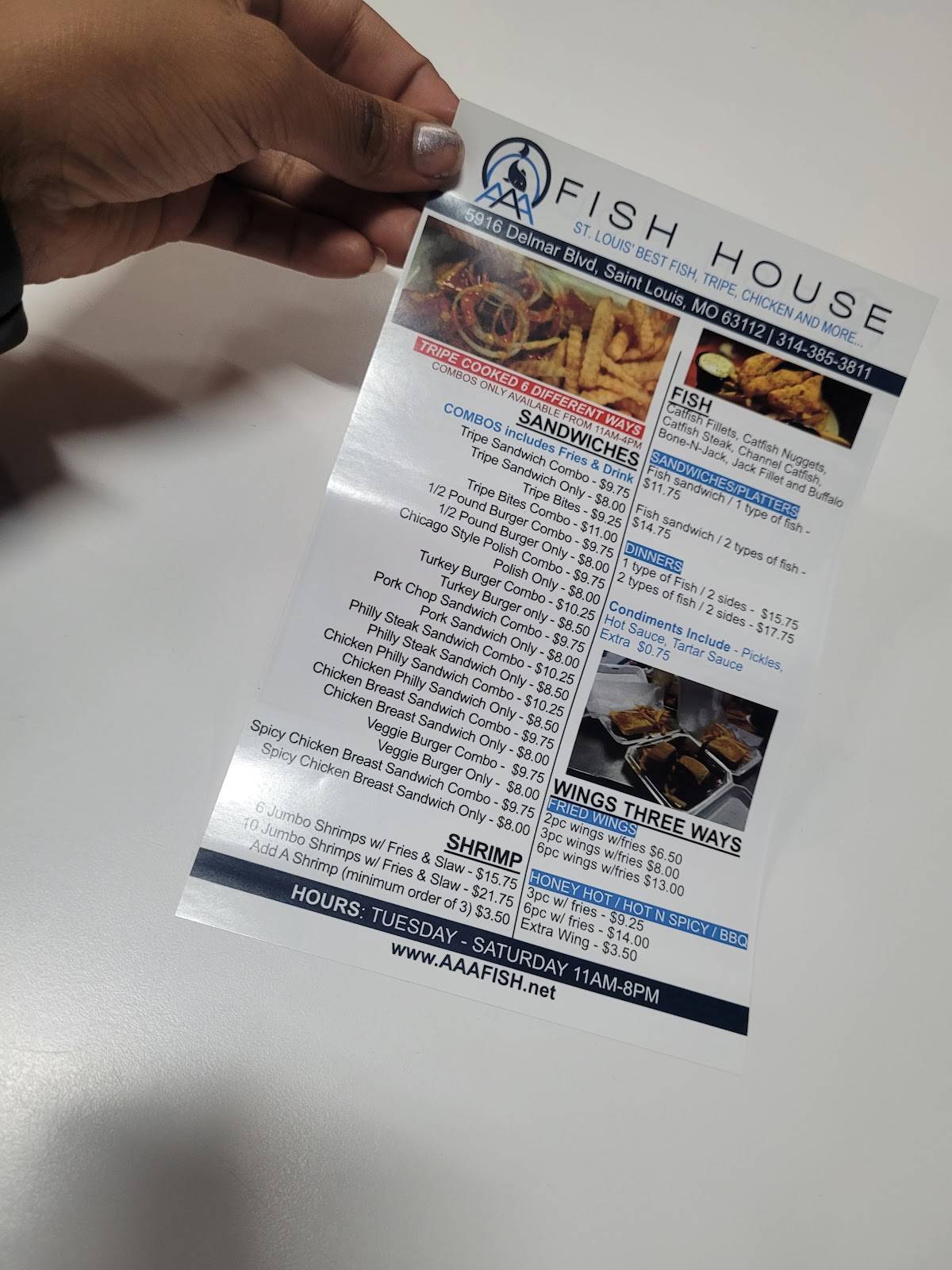 Menu at AAA Fish House restaurant, St. Louis, Delmar Blvd