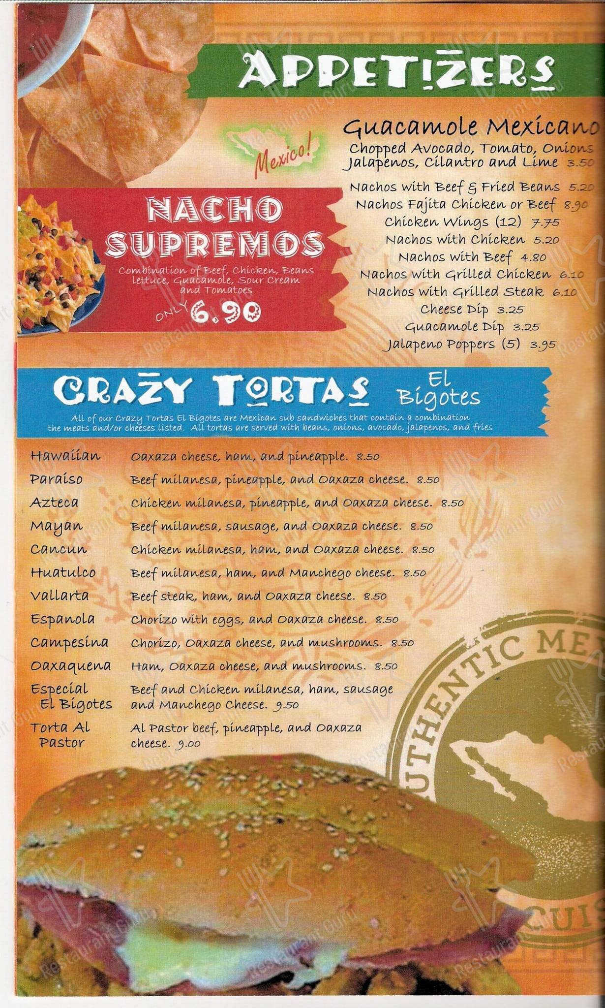 Menu at El Bigotes Mexican Grill restaurant, Abingdon