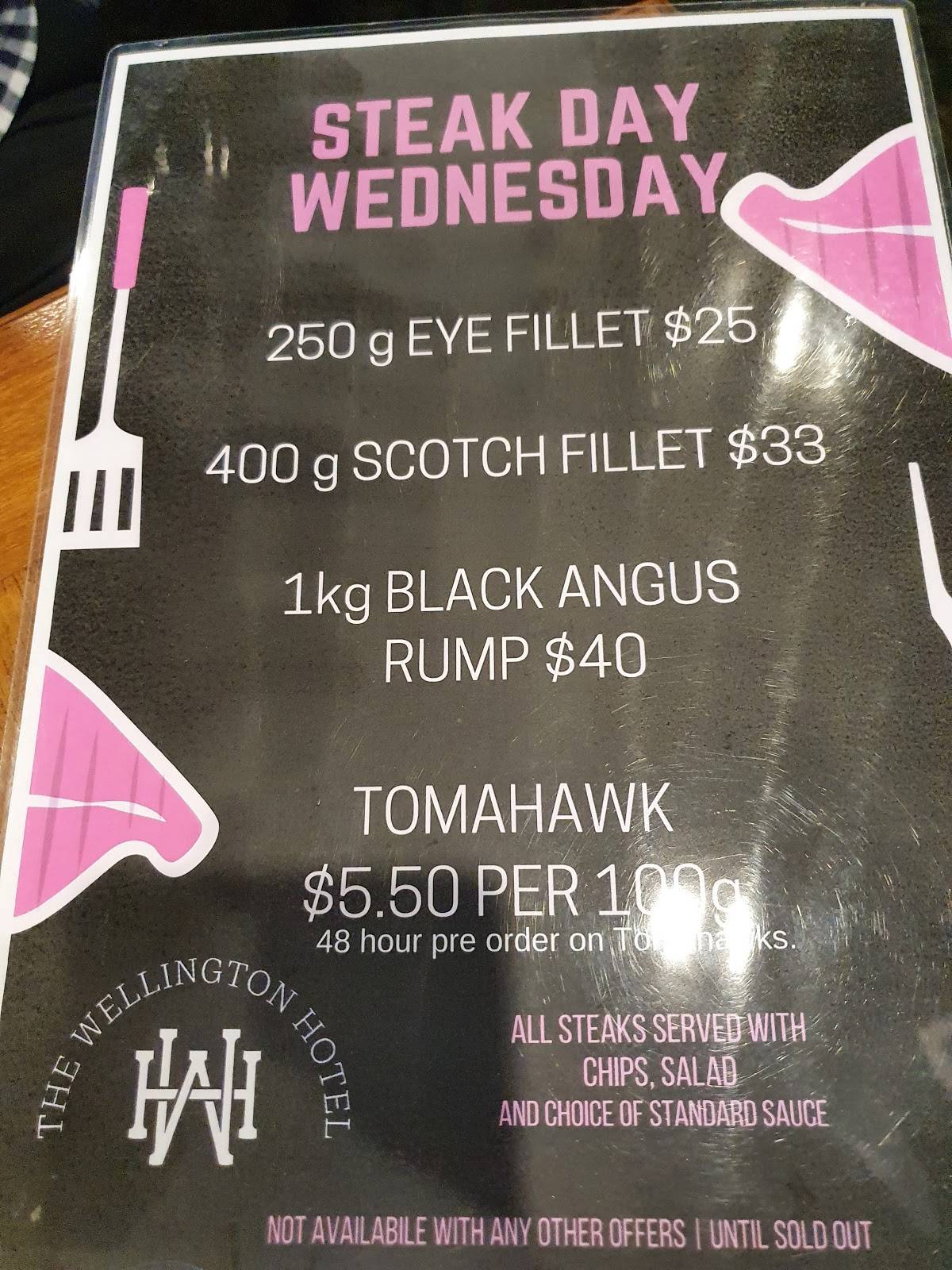 Menu at Wellington Hotel restaurant, North Adelaide