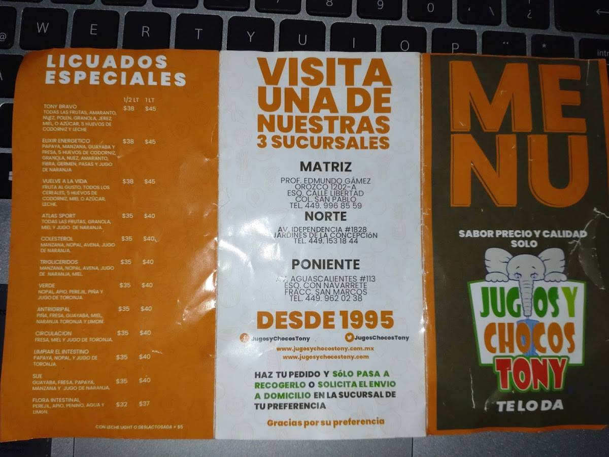 Carta del pub y bar Jugos y Chocos Tony, Aguascalientes, Av ...