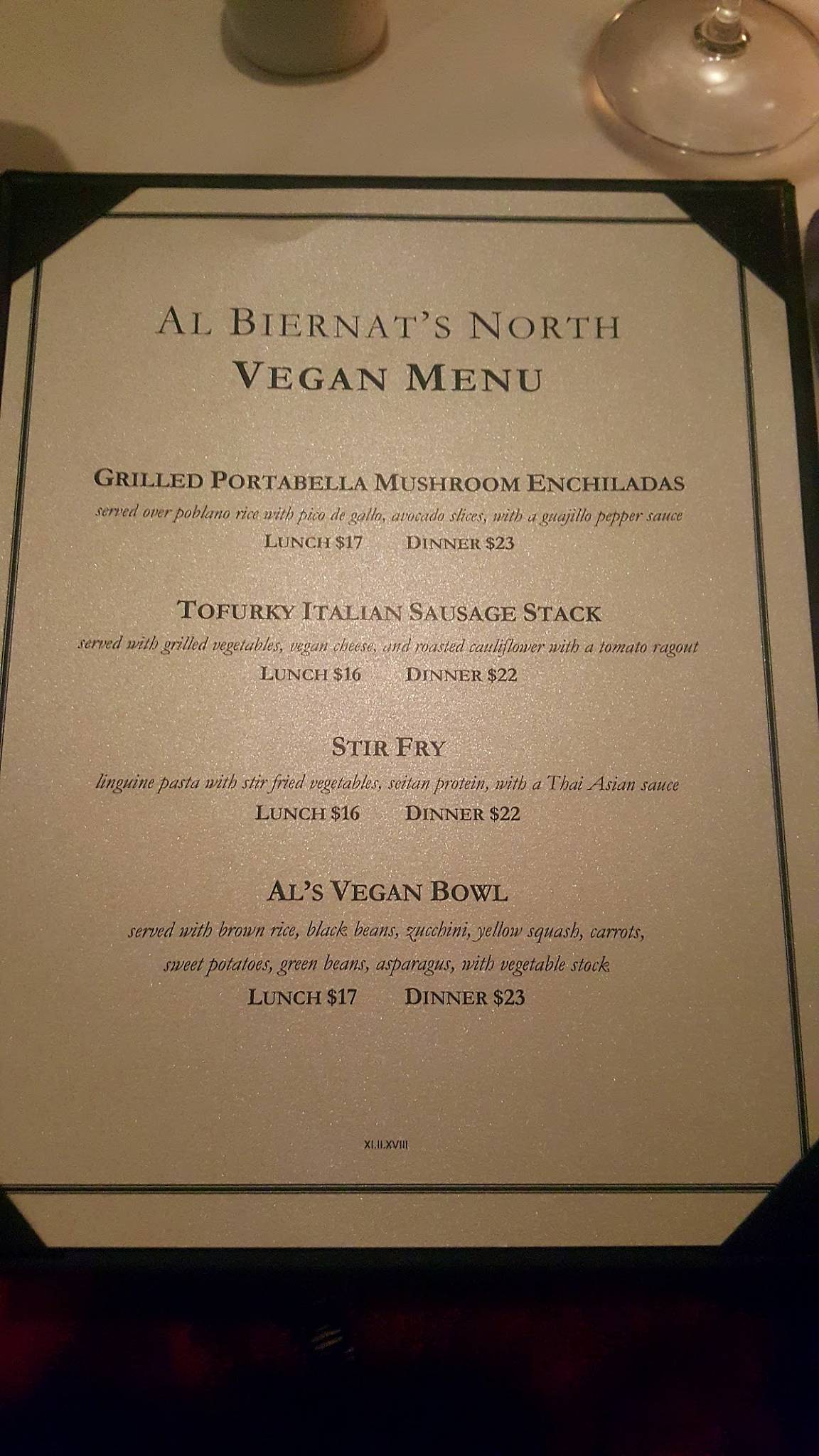 Menu at Al Biernat's North pub & bar, Dallas