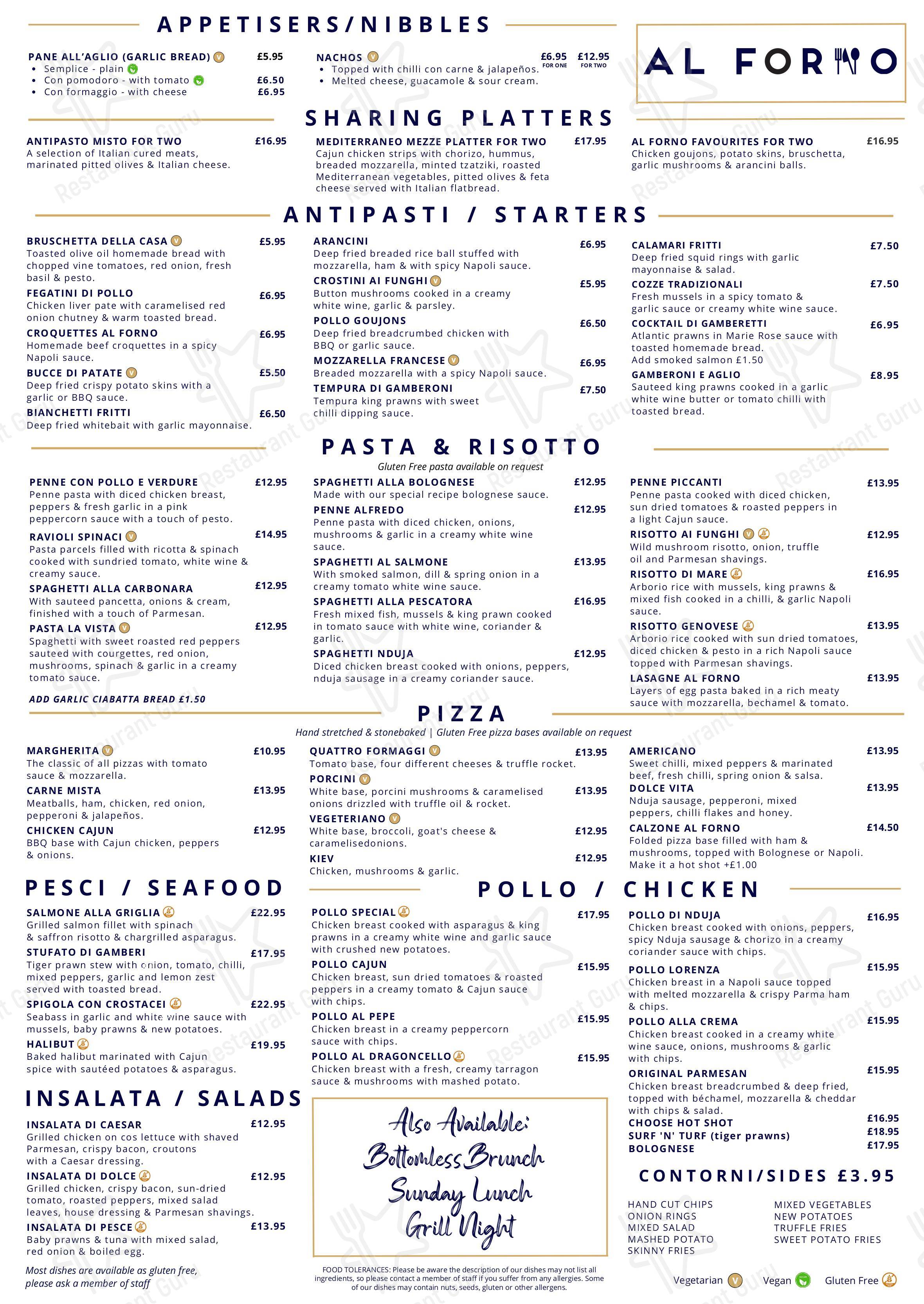 Menu at Al Forno Italian Restaurant, Darlington