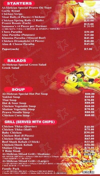 Menu at Al Mehran Restaurant, Boksburg