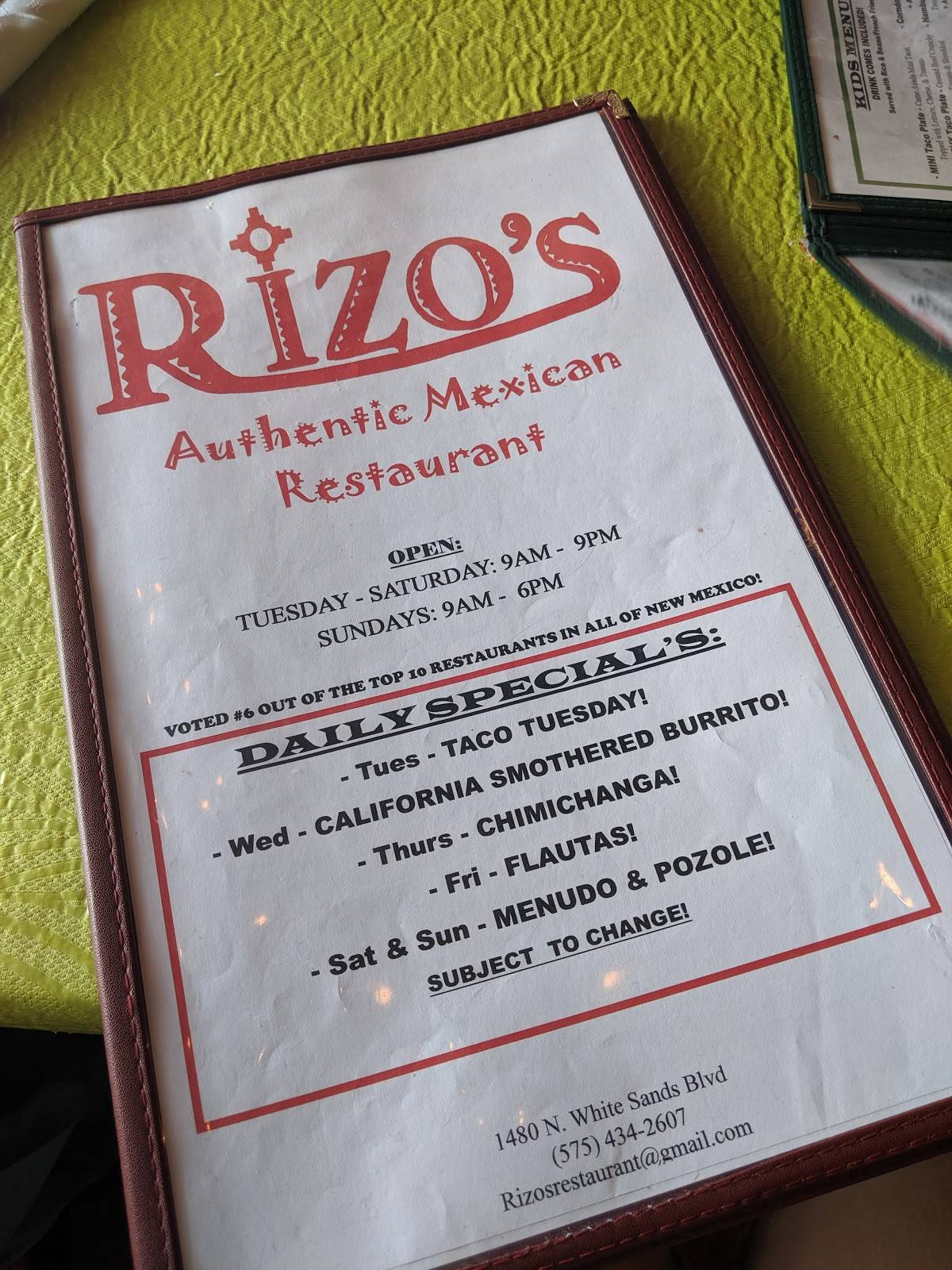 Menu at Rizo's Restaurant, Alamogordo