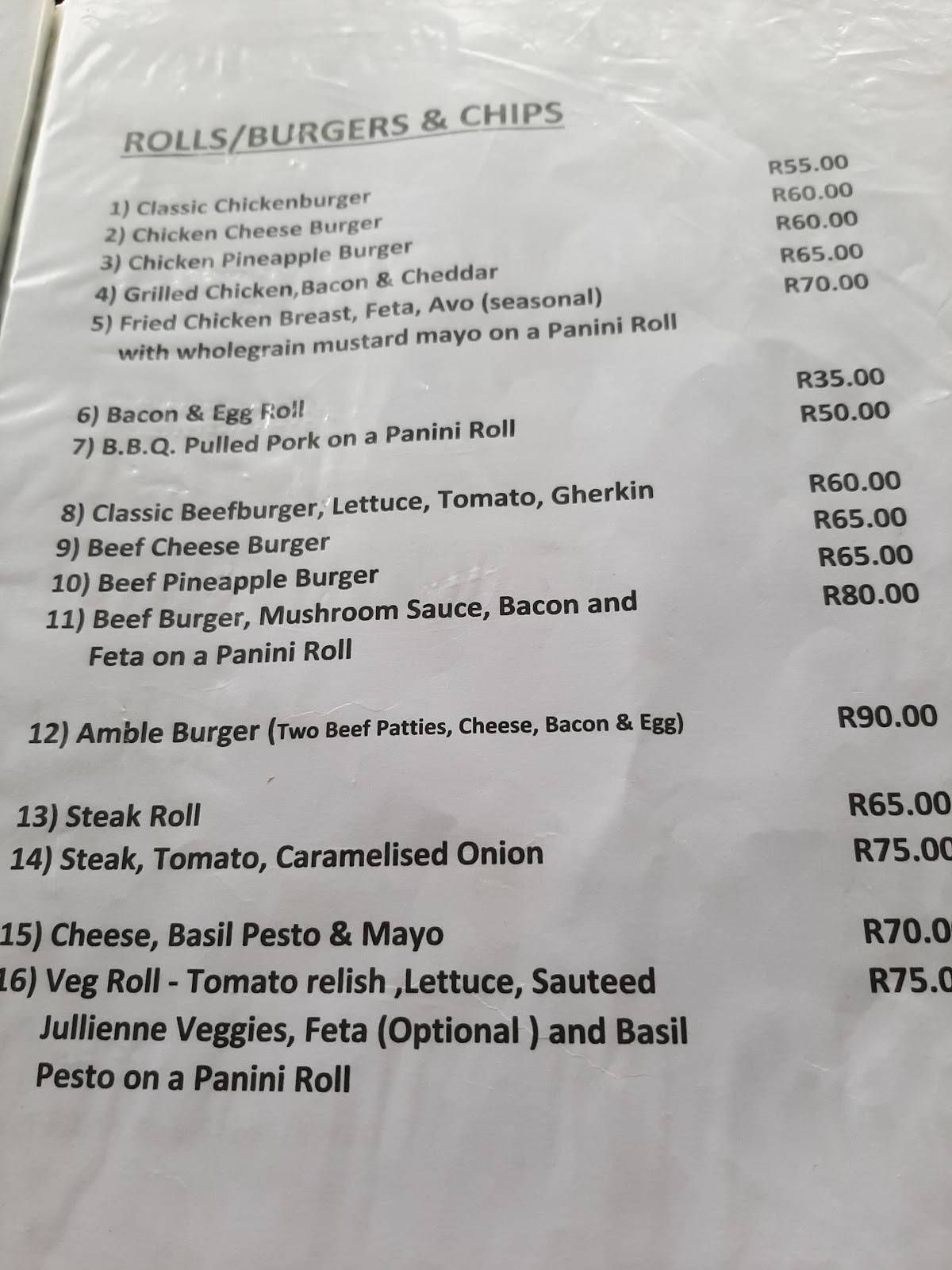 Menu at Amble Inn Albert Falls restaurant, Albert Falls