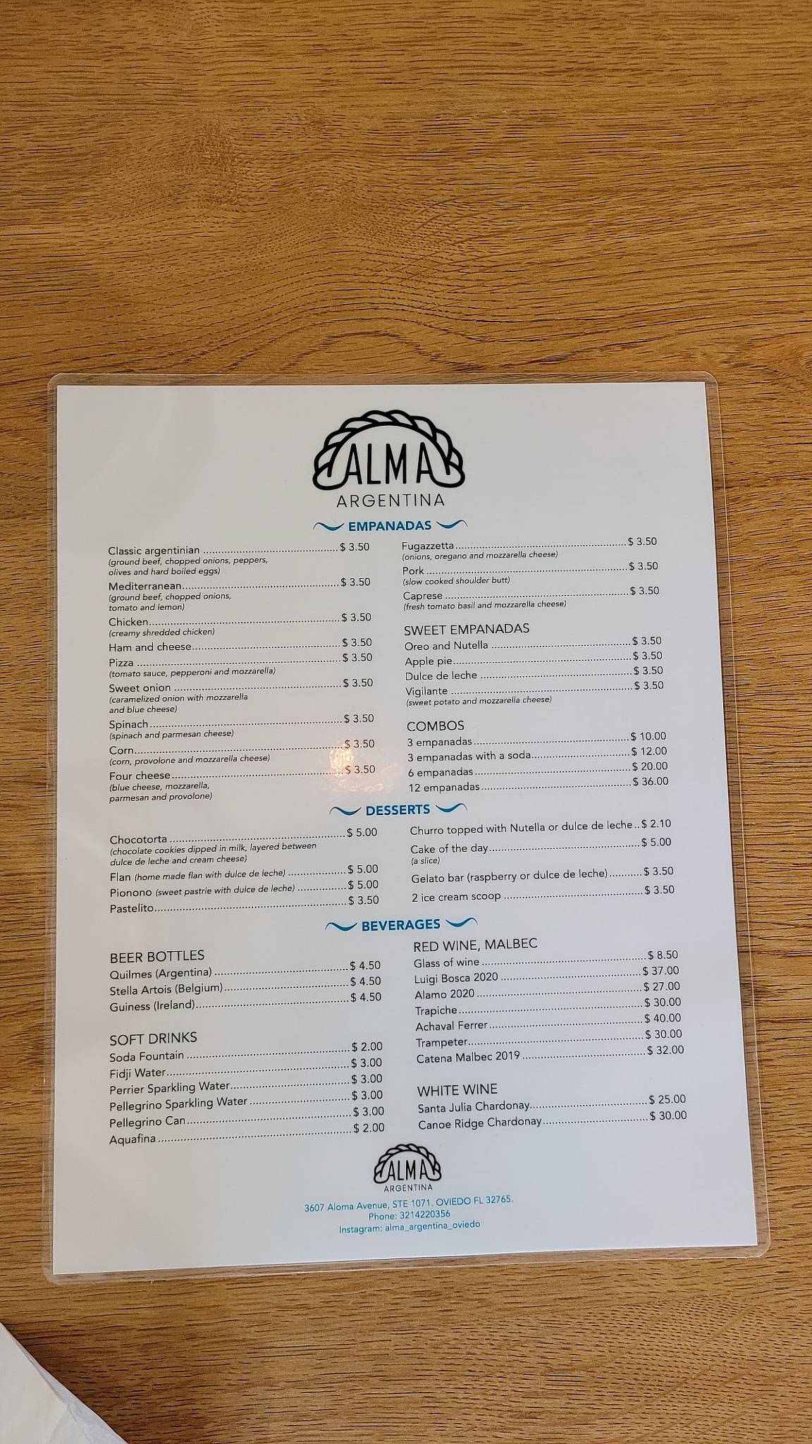 Menu at Alma Argentina restaurant, Oviedo, Aloma Ave Unit 107