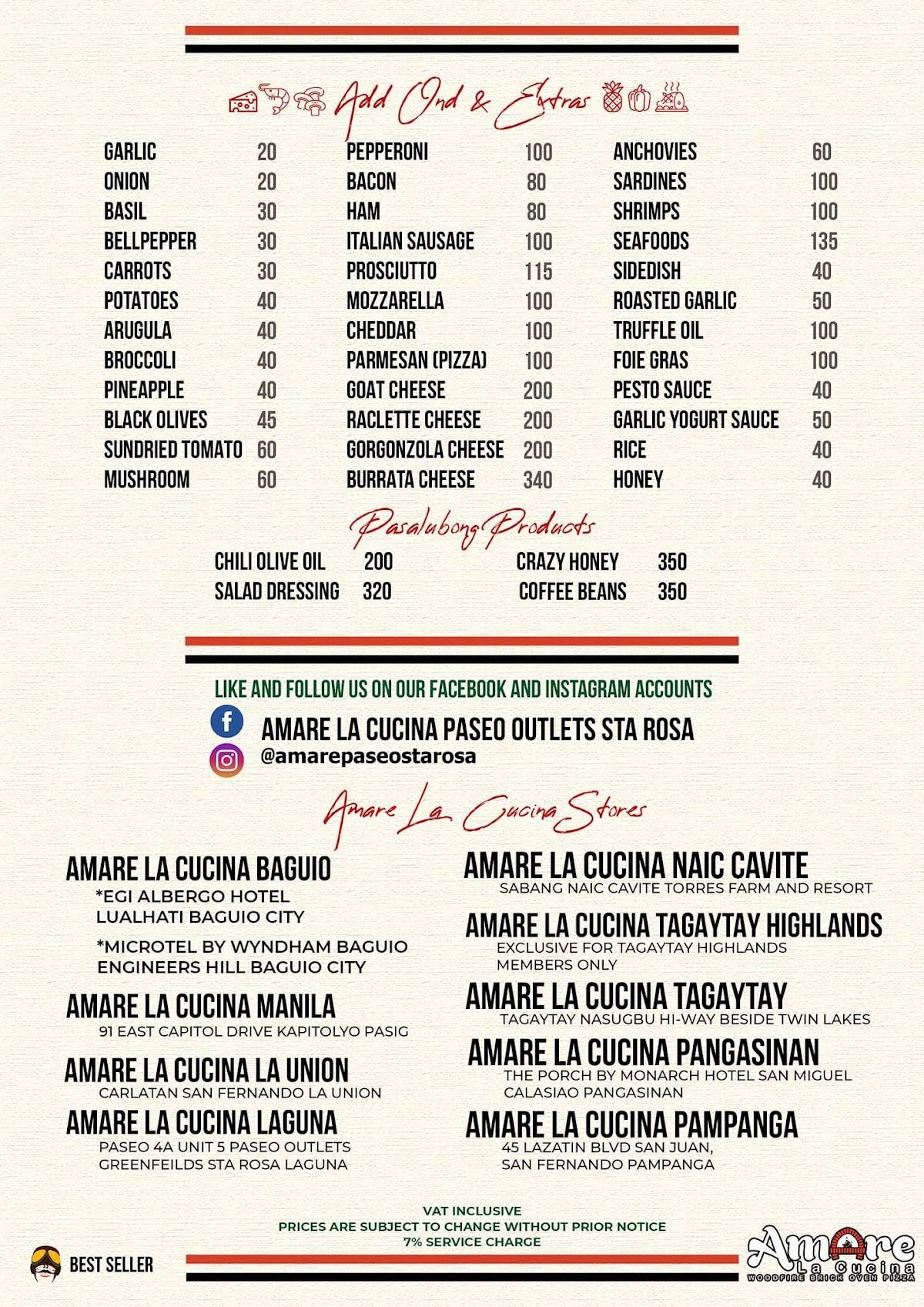 Menu at Amare La Cucina Nuvali restaurant, Santa Rosa, Ground floor bldg. C