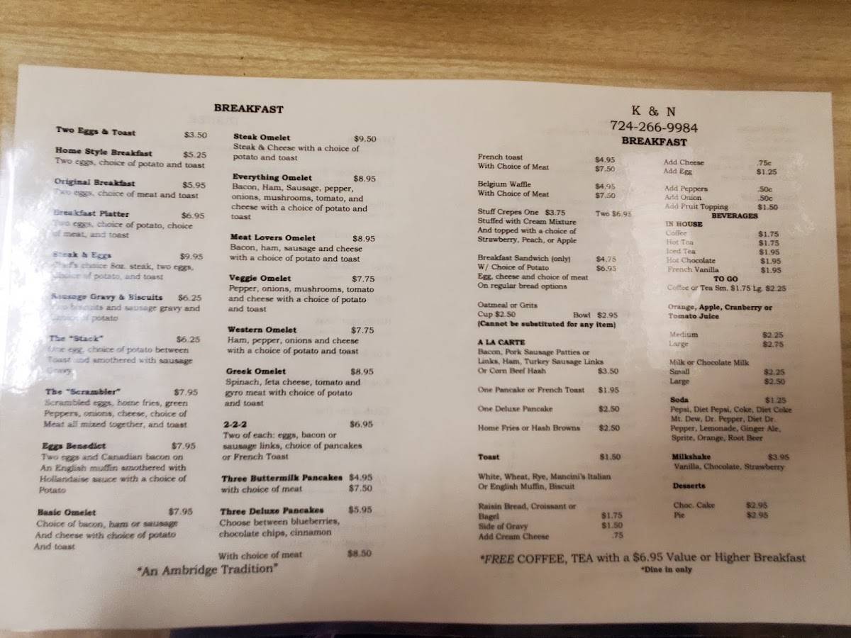 Menu at K & N Restaurant, Ambridge