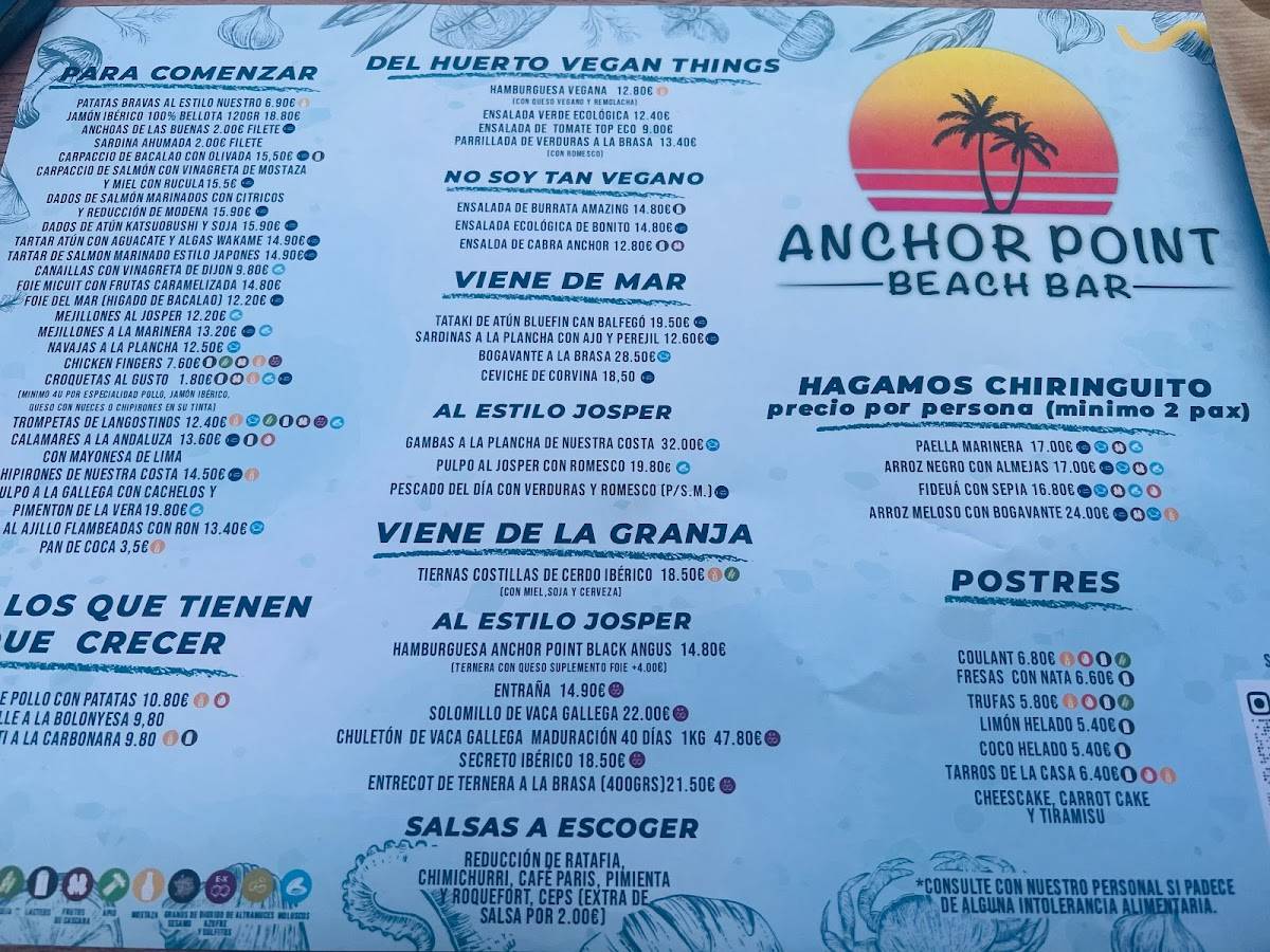 Carta de Anchor Point Beach Bar & Lounge Restaurant, Pineda de Mar