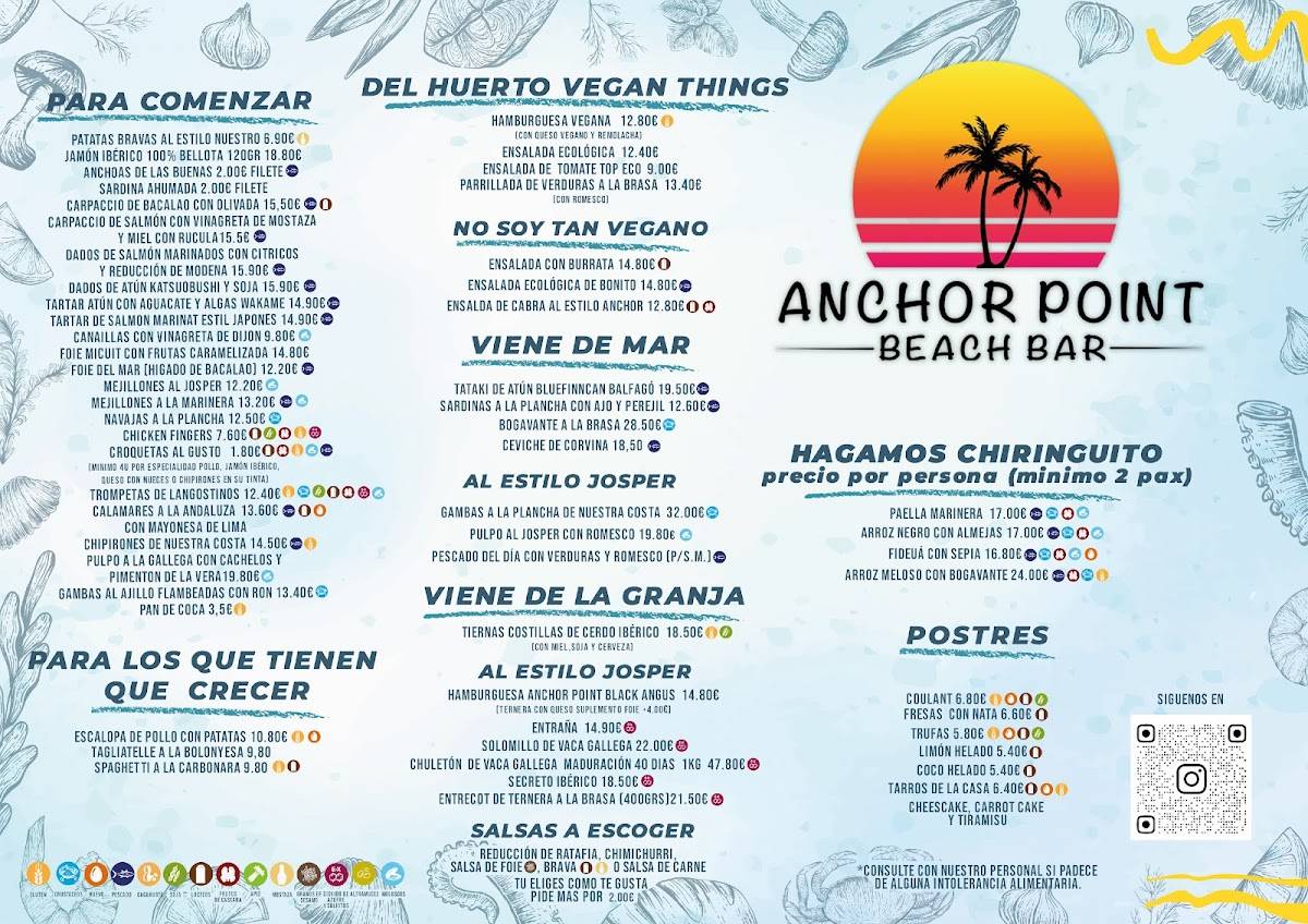 Carta de Anchor Point Beach Bar & Lounge Restaurant, Pineda de Mar
