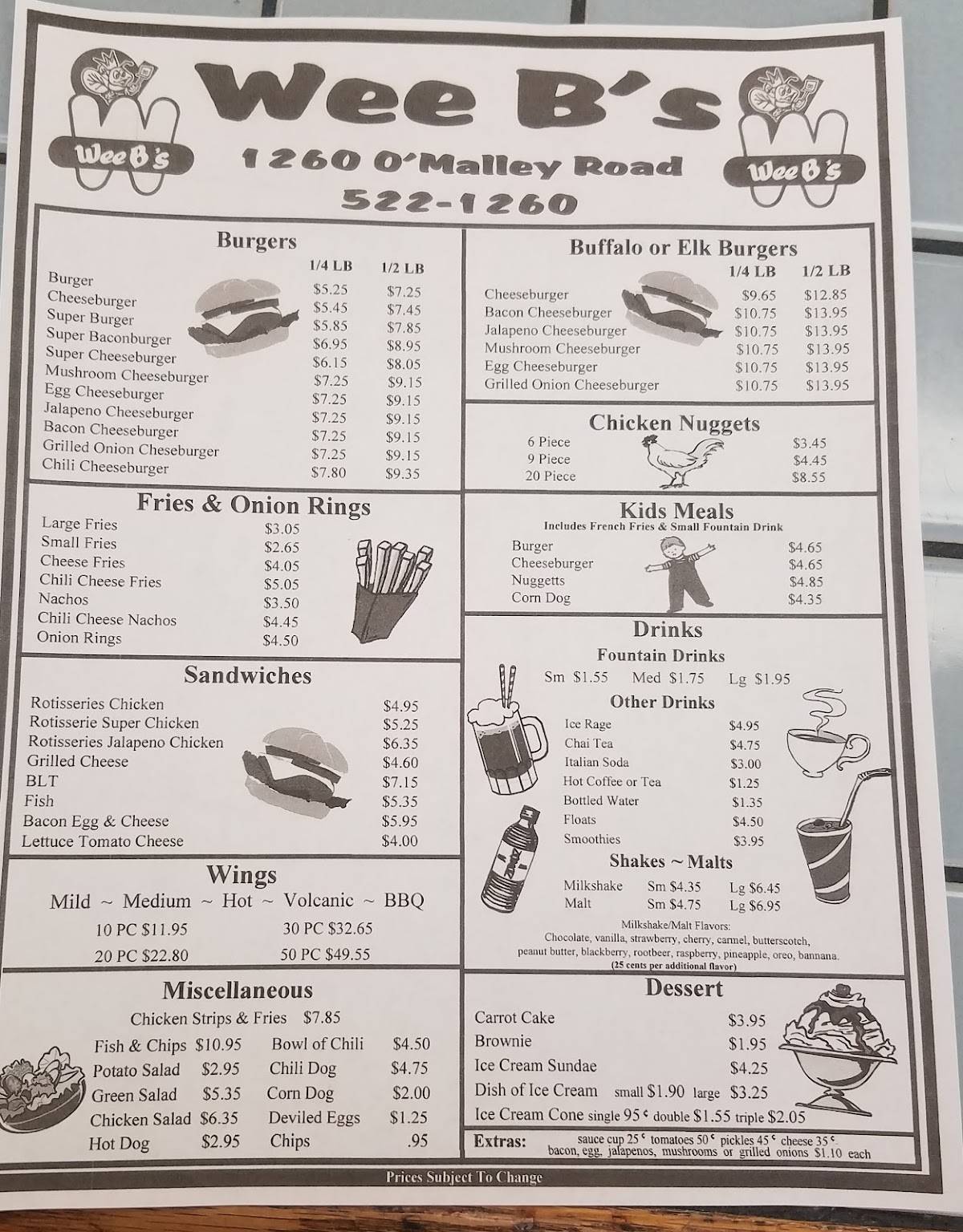Menu at Wee B's restaurant, Anchorage, O'Malley Rd
