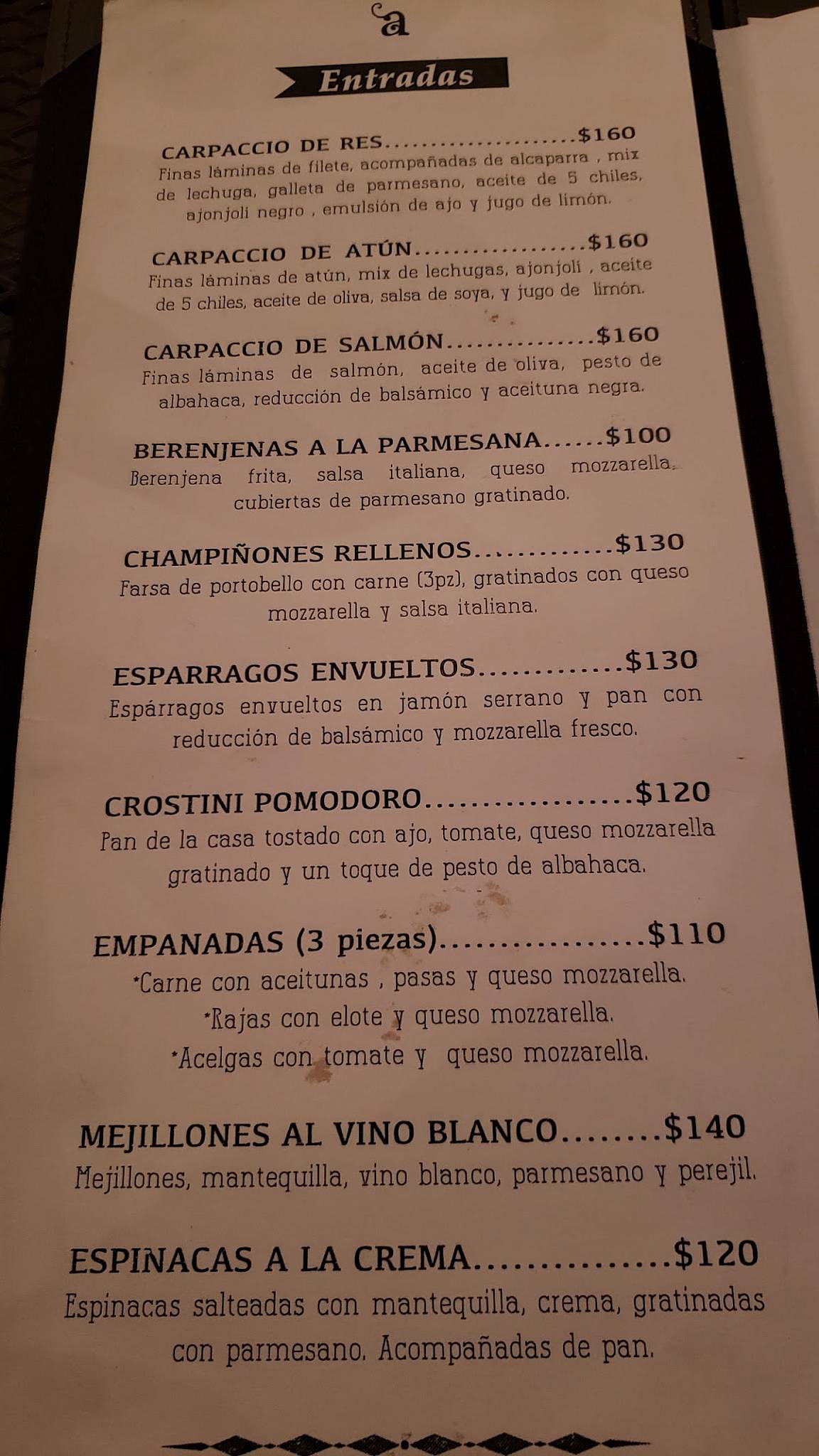 Carta de pizzería Andolini, Monterrey, José María Morelos 1076