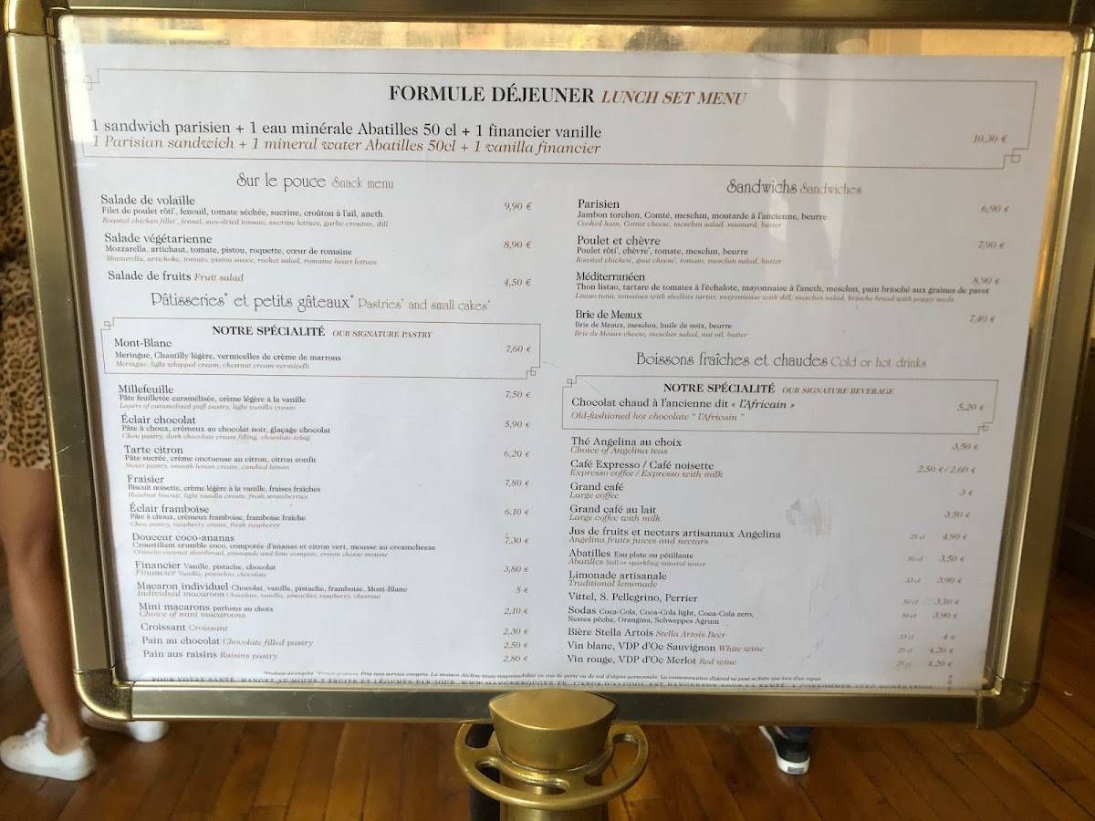 Menu at Angelina Paris restaurant, Versailles, Allée des 2