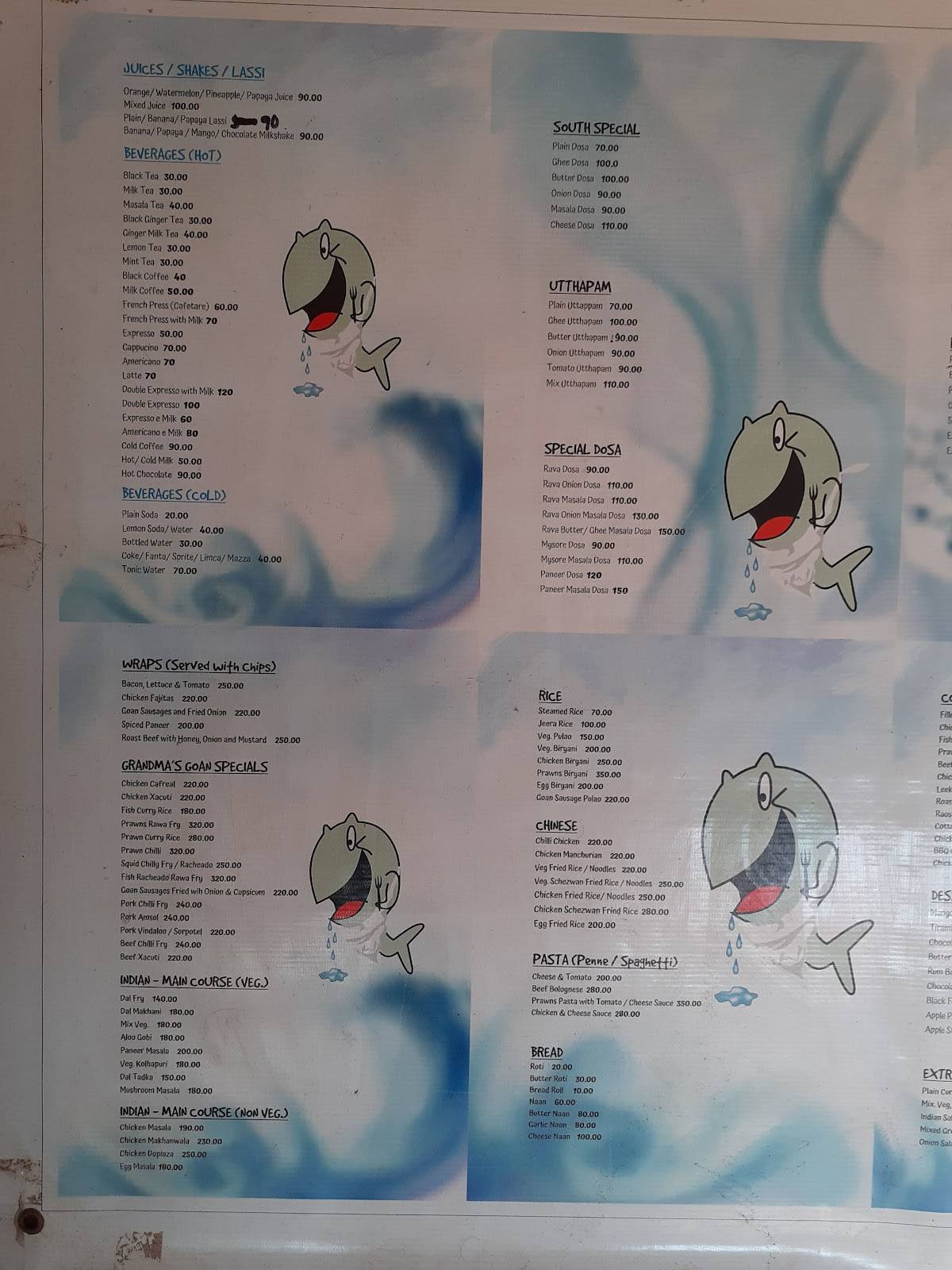 Menu at Jaws Restaurant and Bakery, Vagator, HPXQ+VXH
