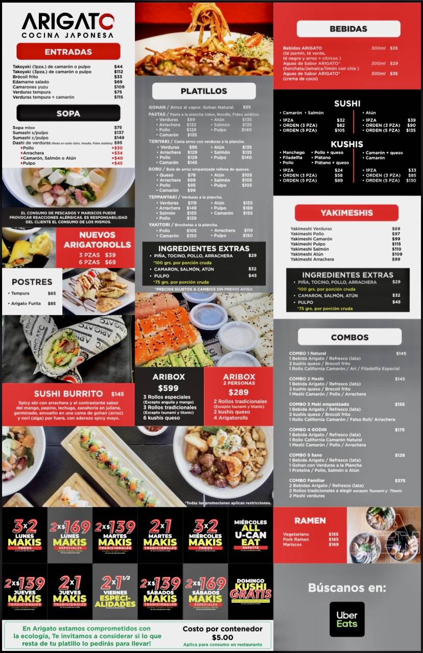 Carta del restaurante ARIGATO cocina japonesa, San Miguel del Allende