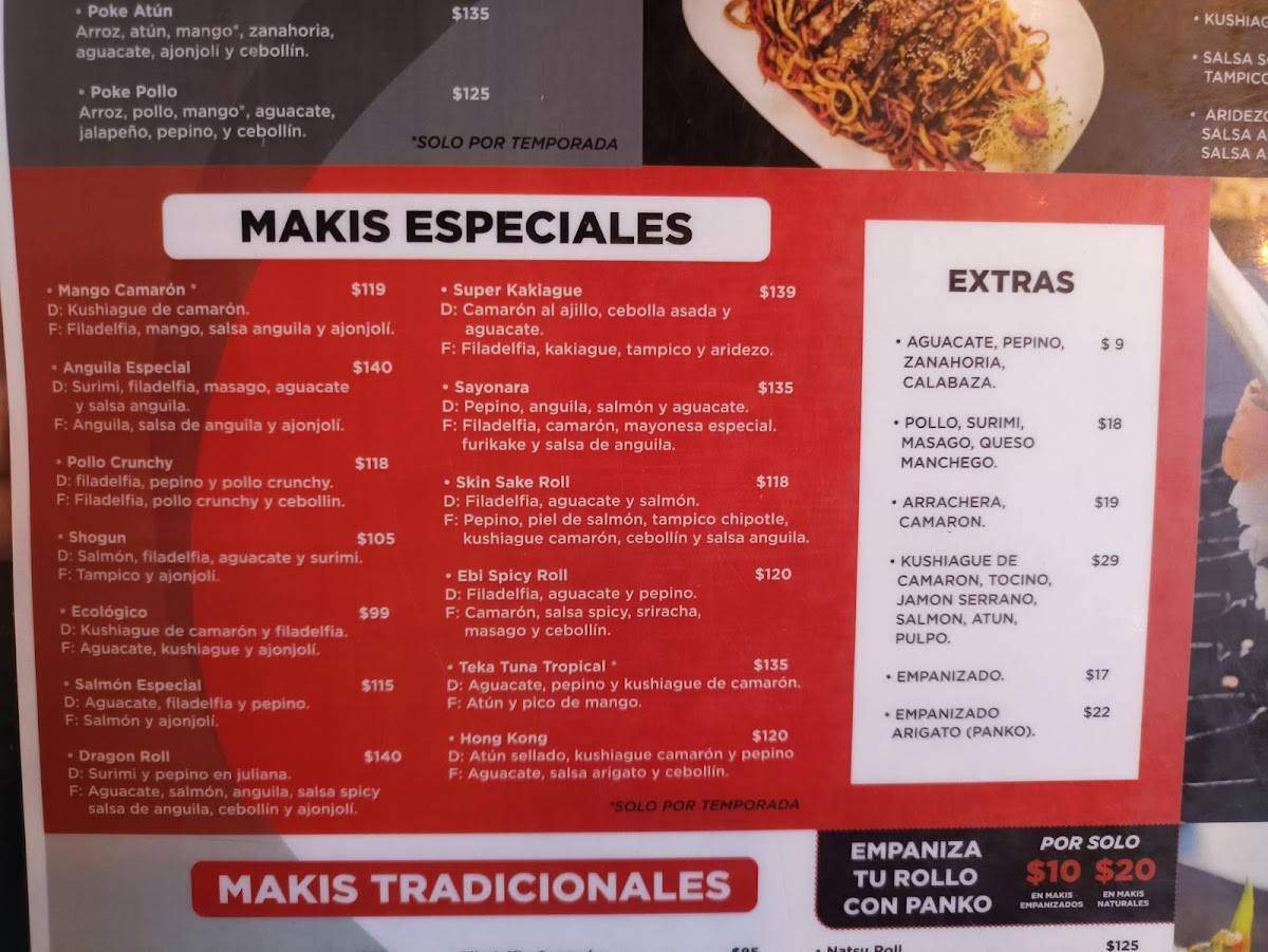 Carta del restaurante ARIGATO cocina japonesa, San Miguel del Allende