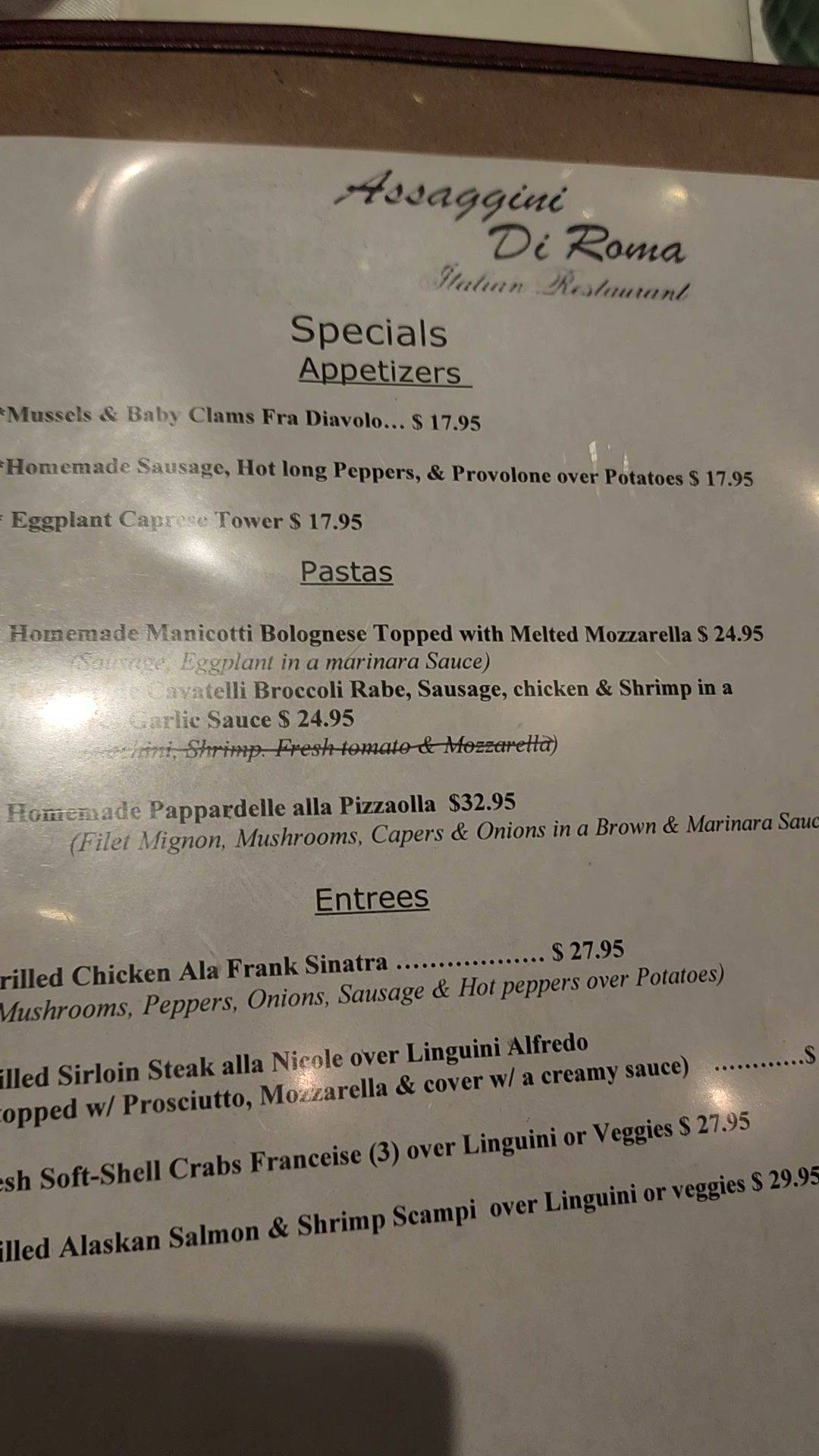 Menu at Assaggini Di Roma restaurant, Hazlet