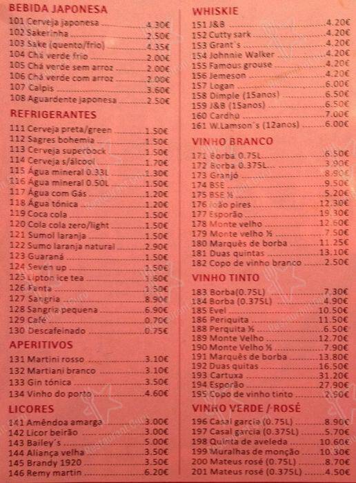 Menu at Asuka restaurant, Lisbon