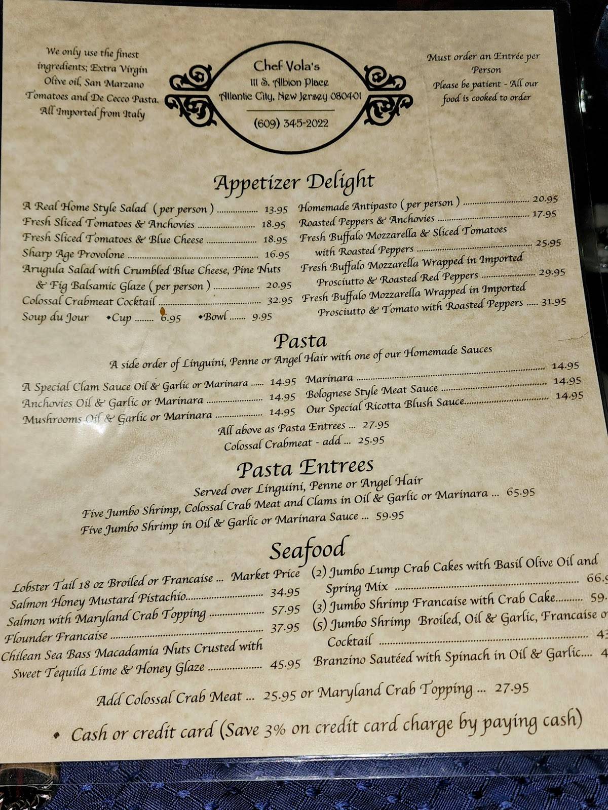 Menu at Chef Vola's restaurant, Atlantic City