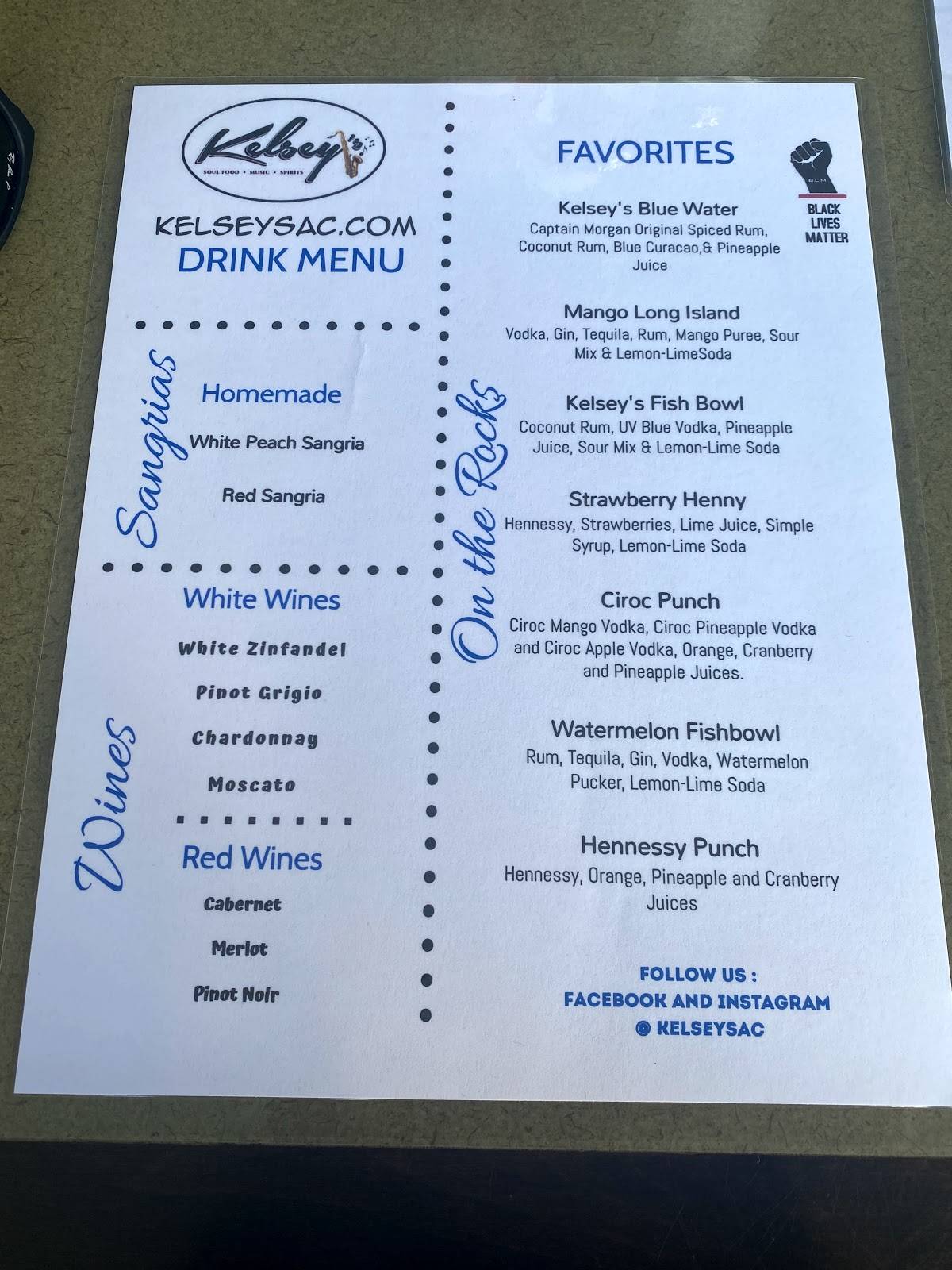 Menu at Kelsey's Atlantic city restaurant, Atlantic City