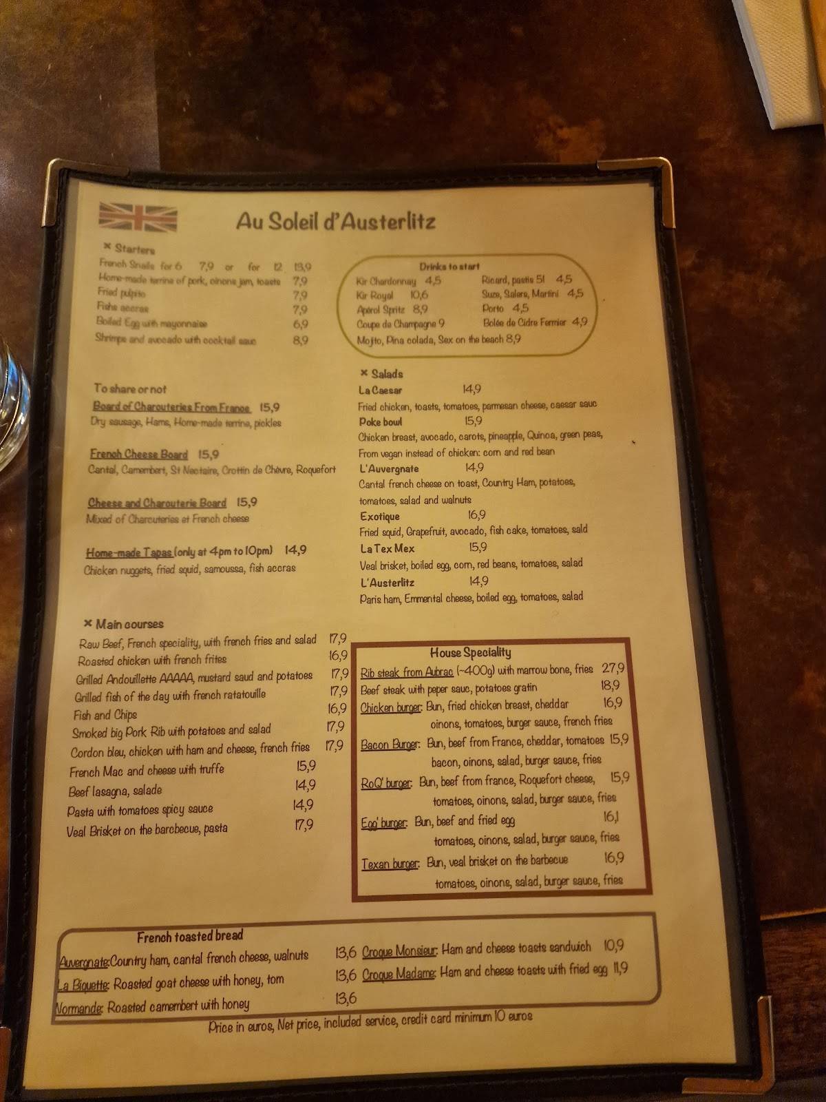 Menu au Au soleil d'Austerlitz restaurant, Paris, 18 Boulevard de L’Hopital