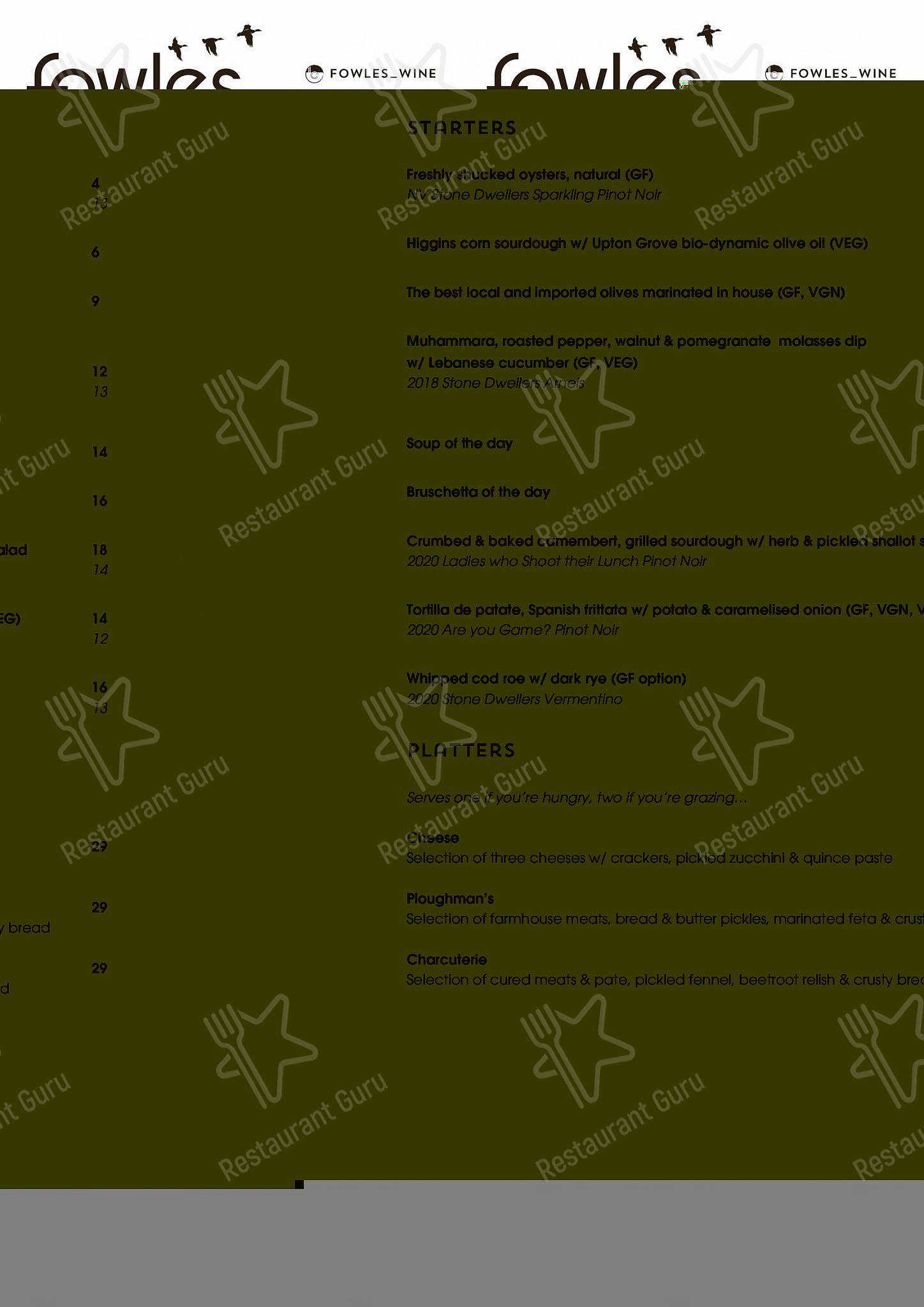 Menu at Fowles Wine cafe, Avenel