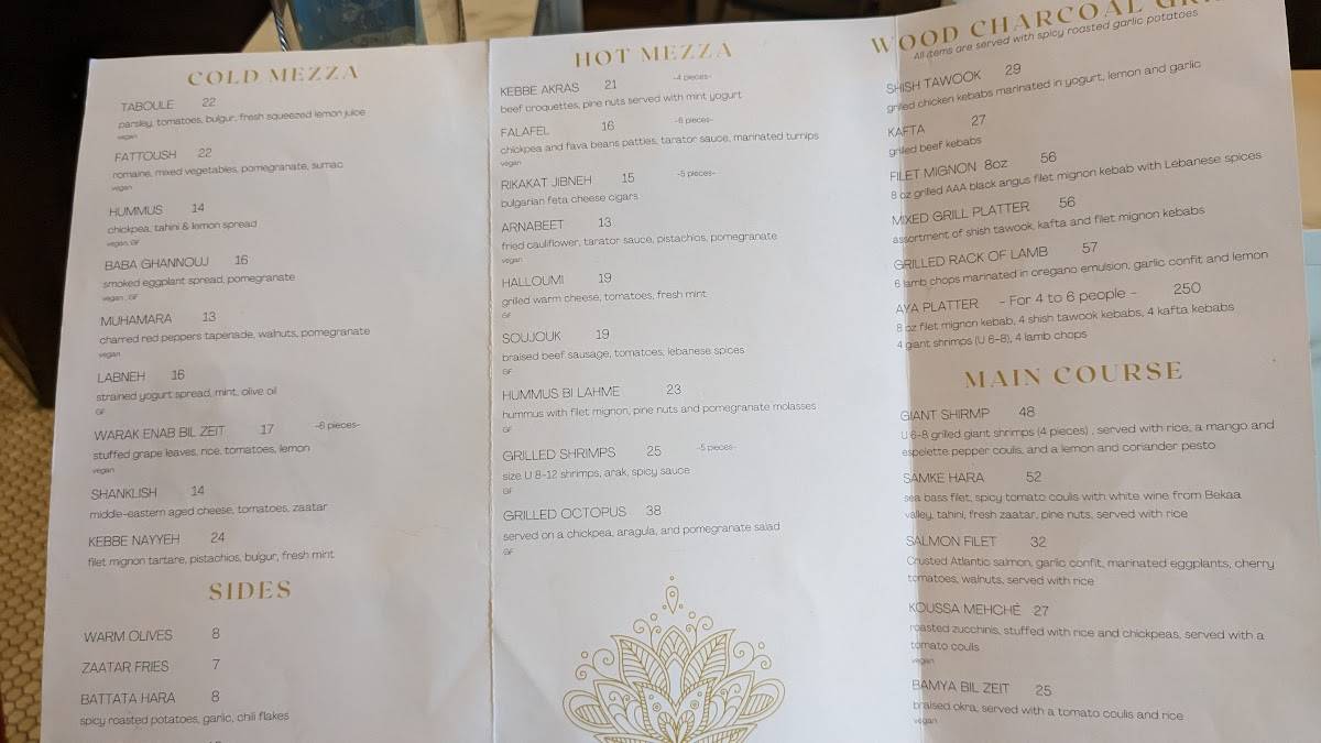 Menu at Aya Lebanese restaurant, Kirkland