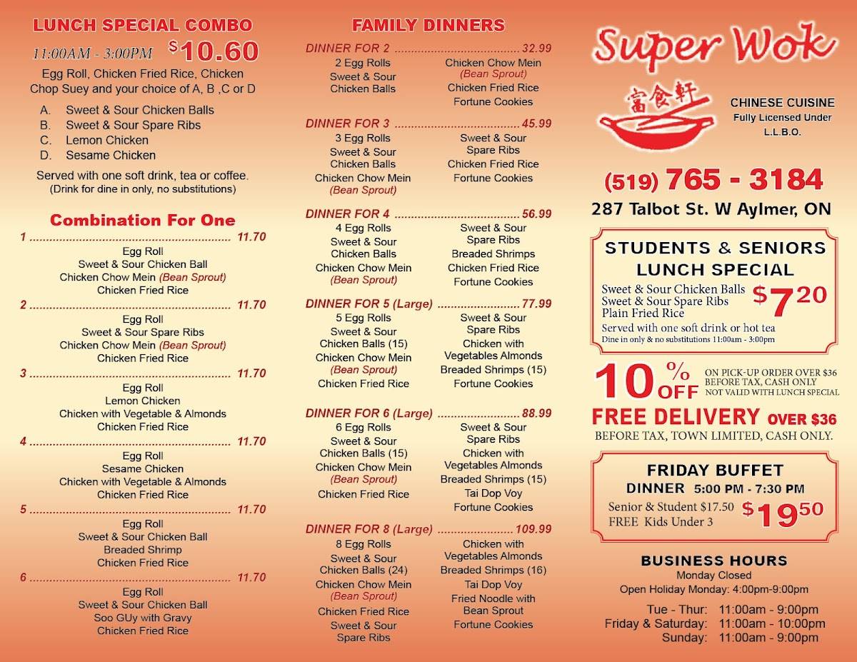 Menu at Super Wok restaurant, Aylmer
