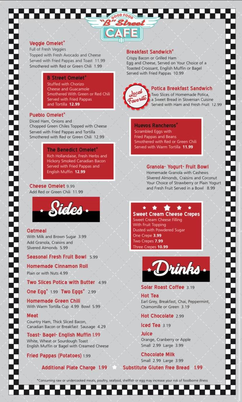 Menu at B Street Cafe, Pueblo