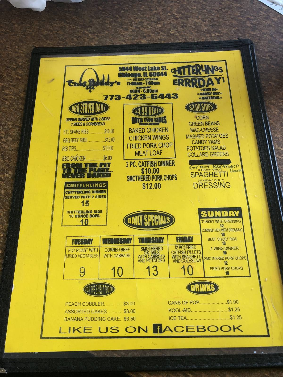 Menu at Chef Daddy's restaurant, Chicago