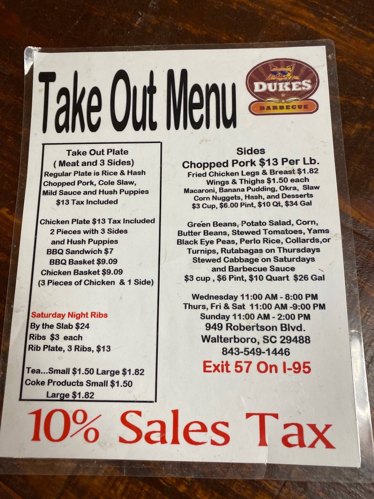 Menu at Dukes Barbecue, Walterboro