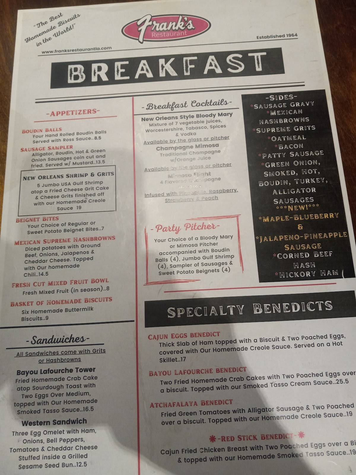 Menu at Frank’s Restaurant Grill & Bar-Prairieville, Prairieville ...