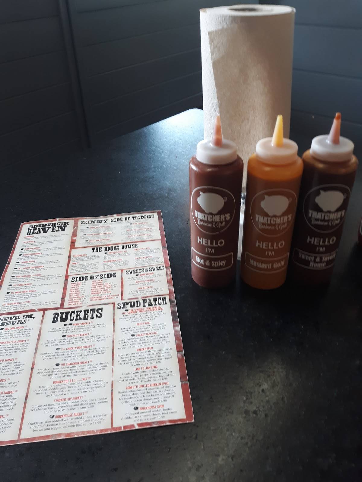 Menu at Thatcher's BBQ, Calhoun
