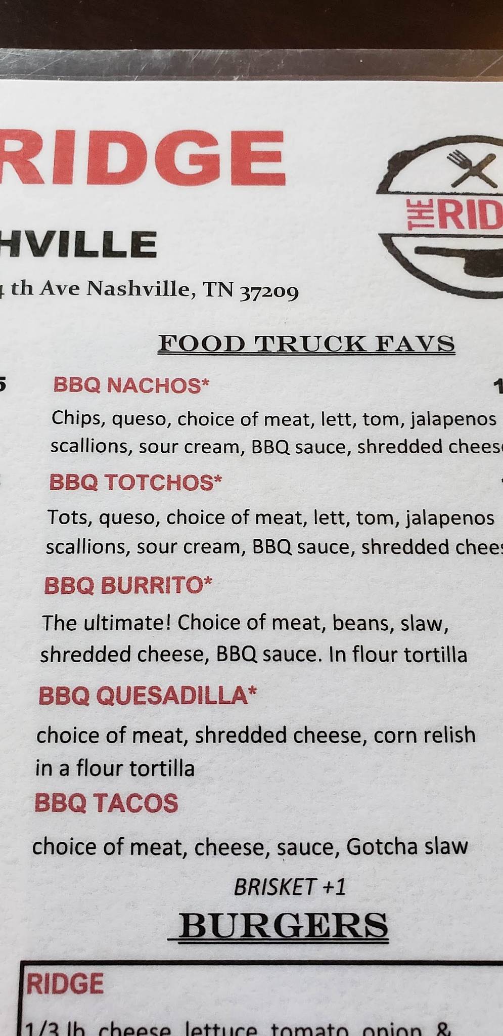 Menu at The Ridge BBQ, Nashville
