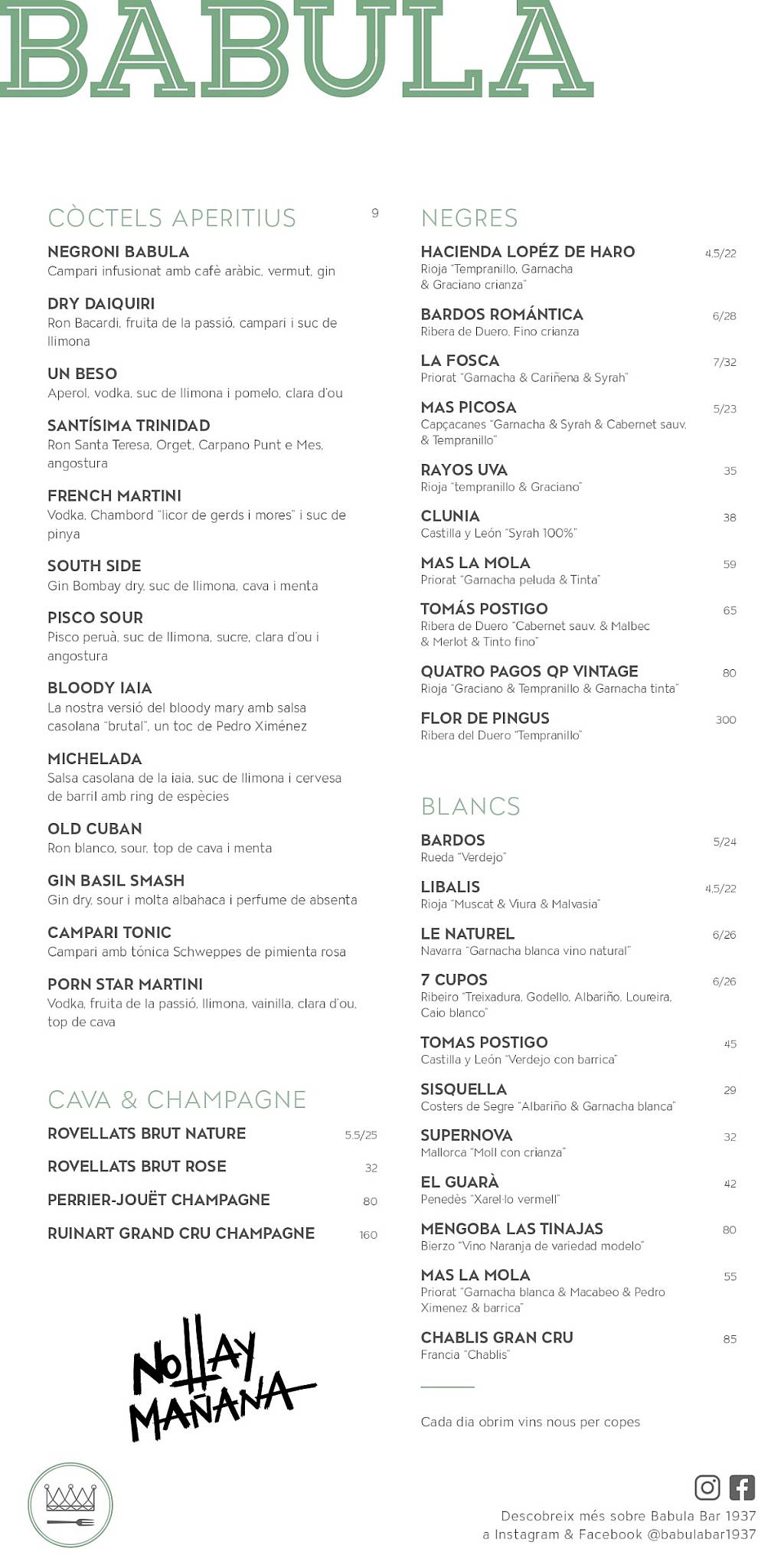 Menu at Babula Bar 1937, Barcelona