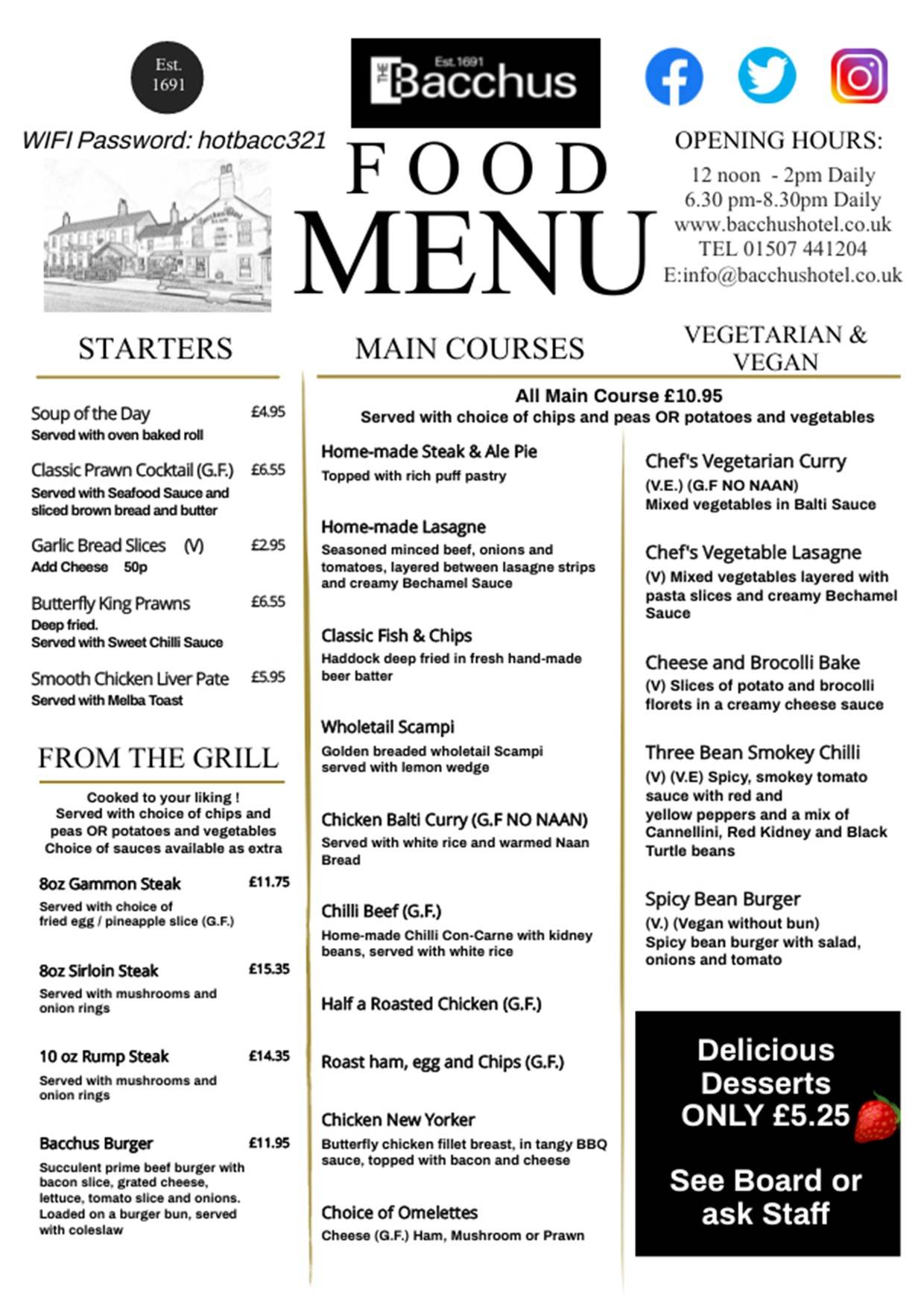 Menu at the Bacchus Hotel Sutton on Sea pub & bar, Mablethorpe