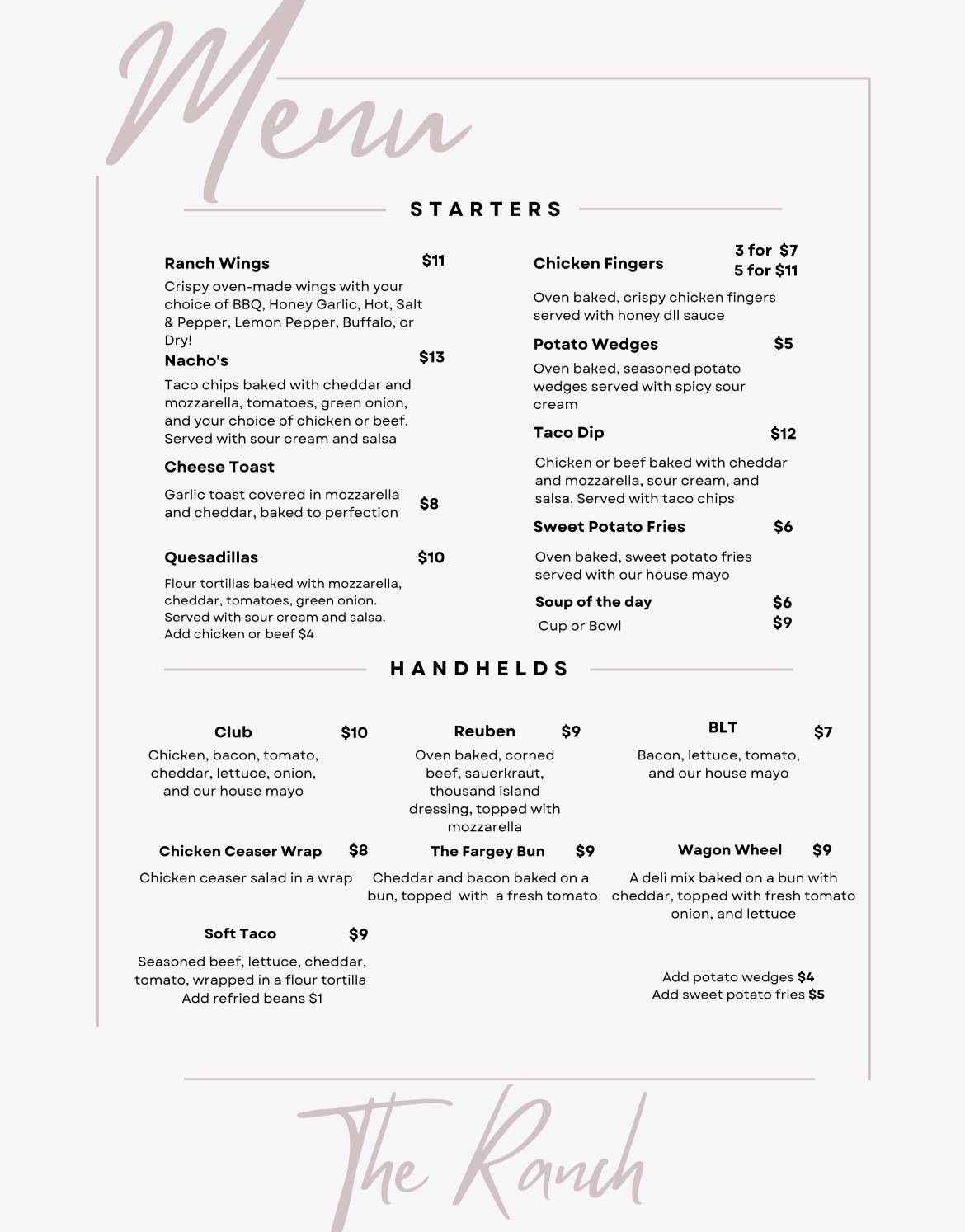 Menu at Back At The Ranch restaurant, Oakbank