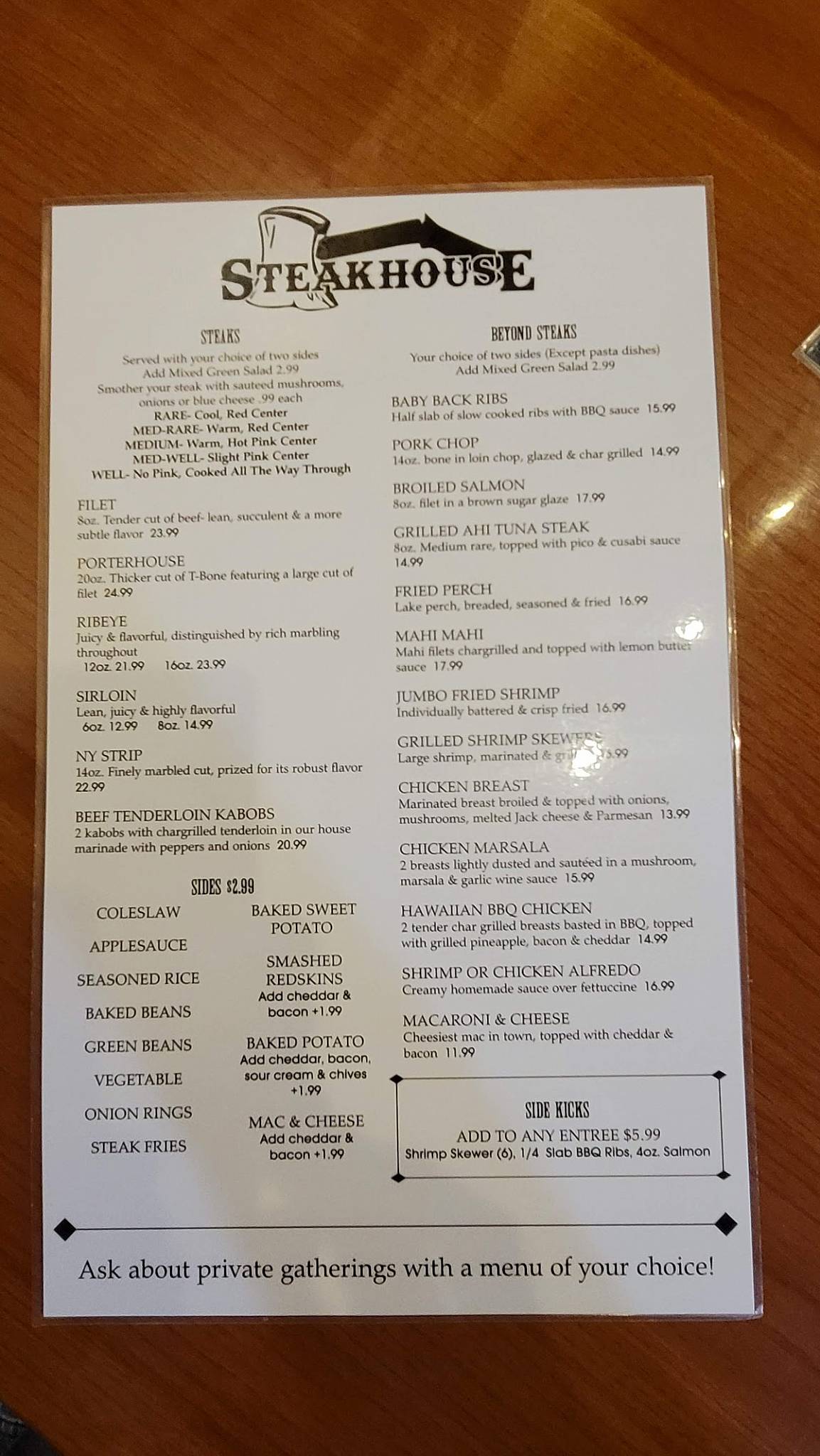 Menu at Steakhouse, Bad Axe