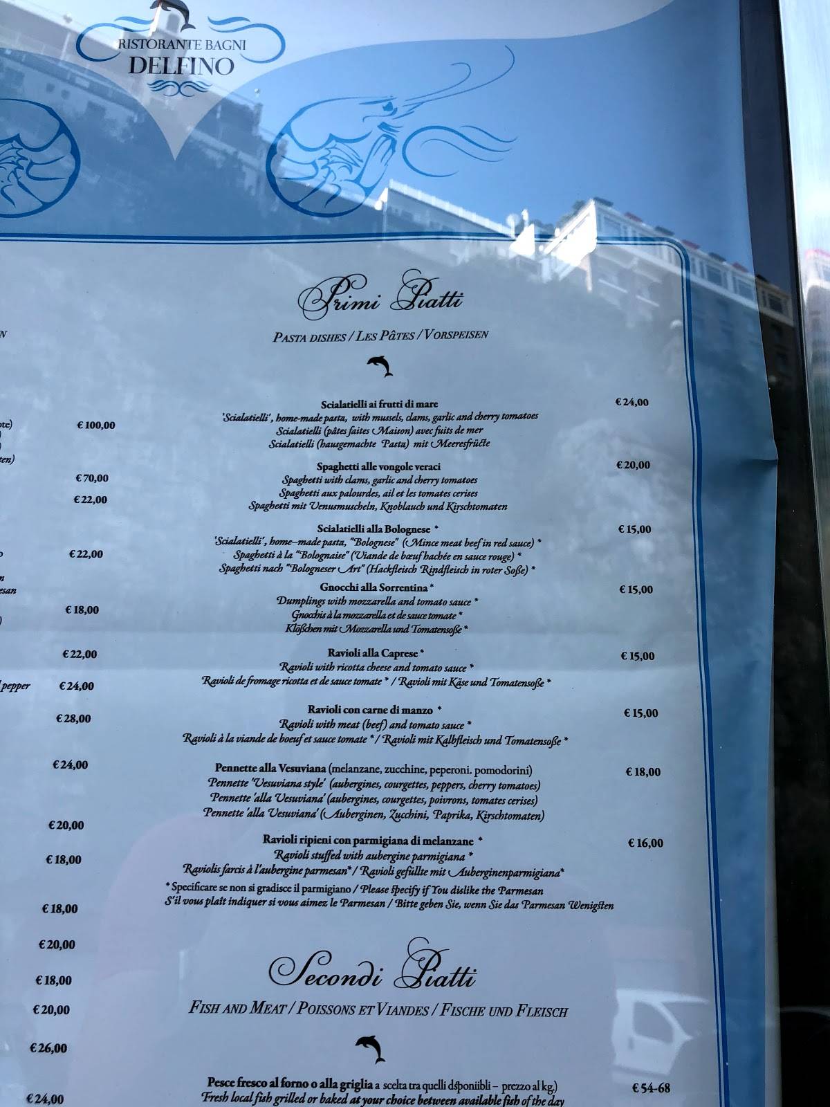 Menu at Bagni Delfino restaurant, Sorrento