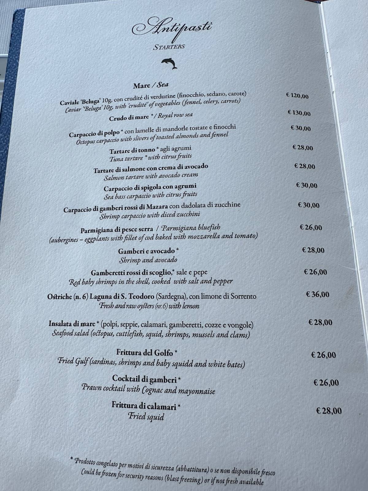 Menu at Bagni Delfino restaurant, Sorrento