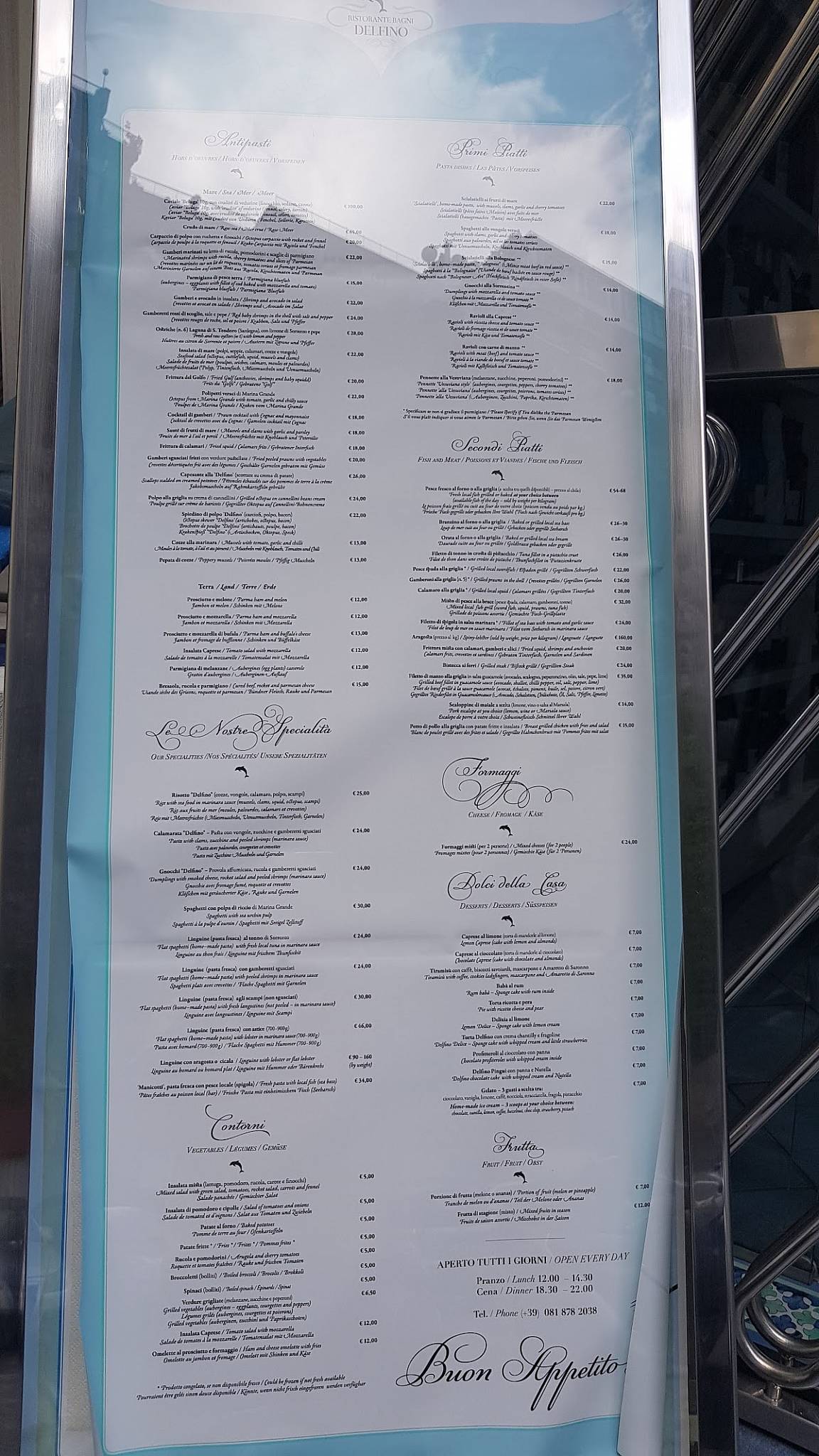 Menu at Bagni Delfino restaurant, Sorrento