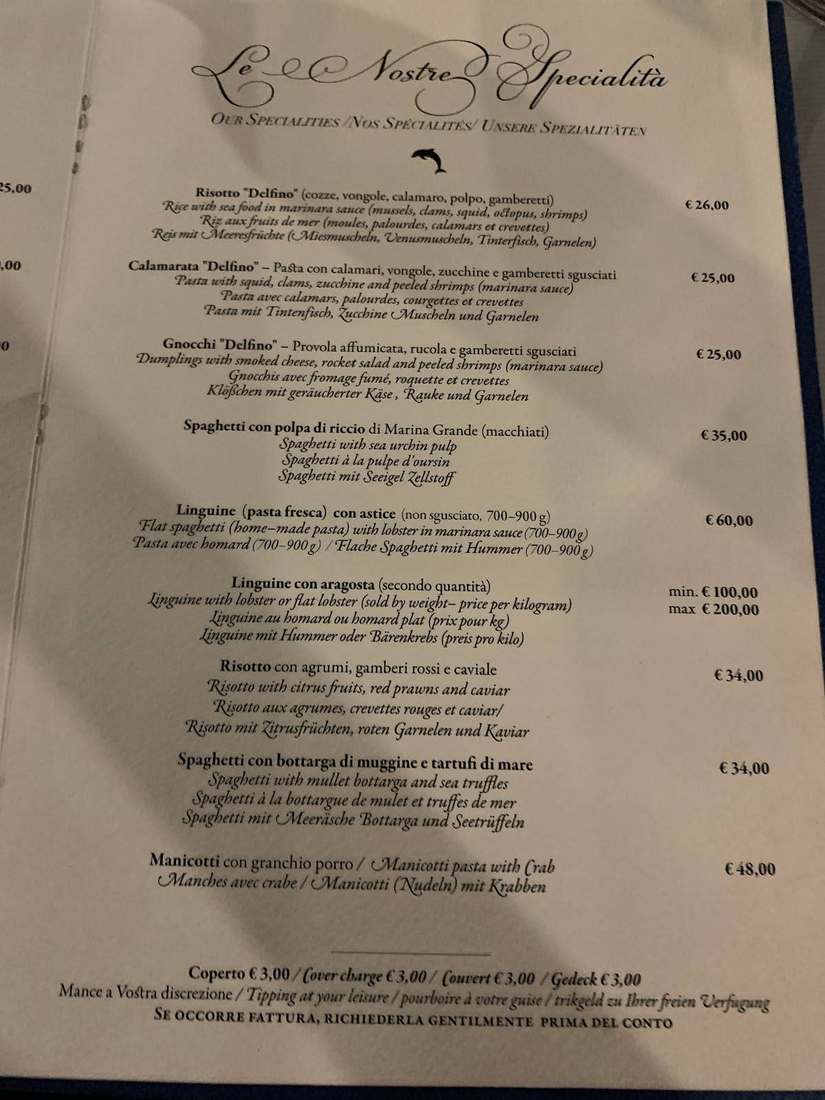 Menu at Bagni Delfino restaurant, Sorrento